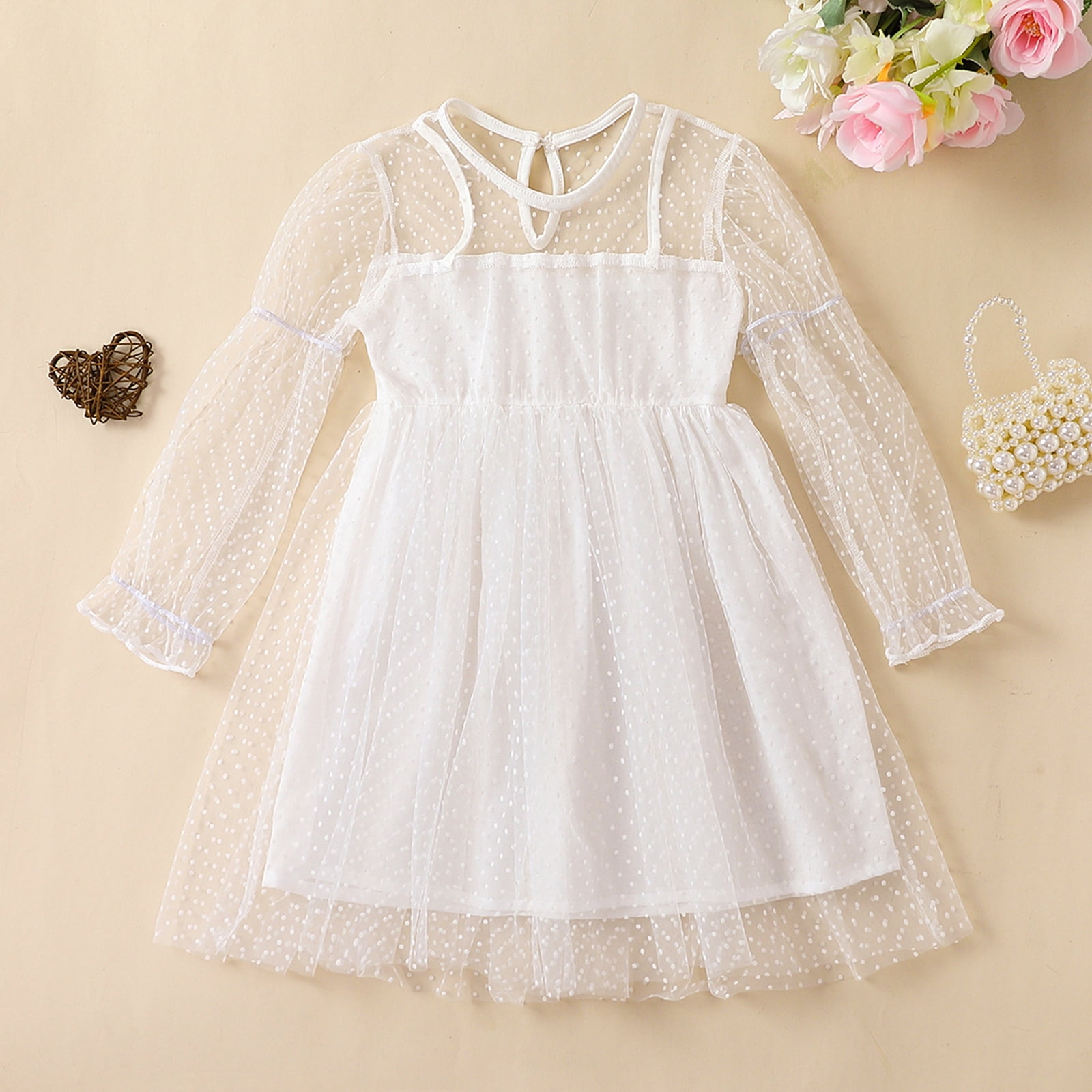 Inevnen Girls Polka Dot Dress Flounce Long Sleeve High Waist Mesh ...