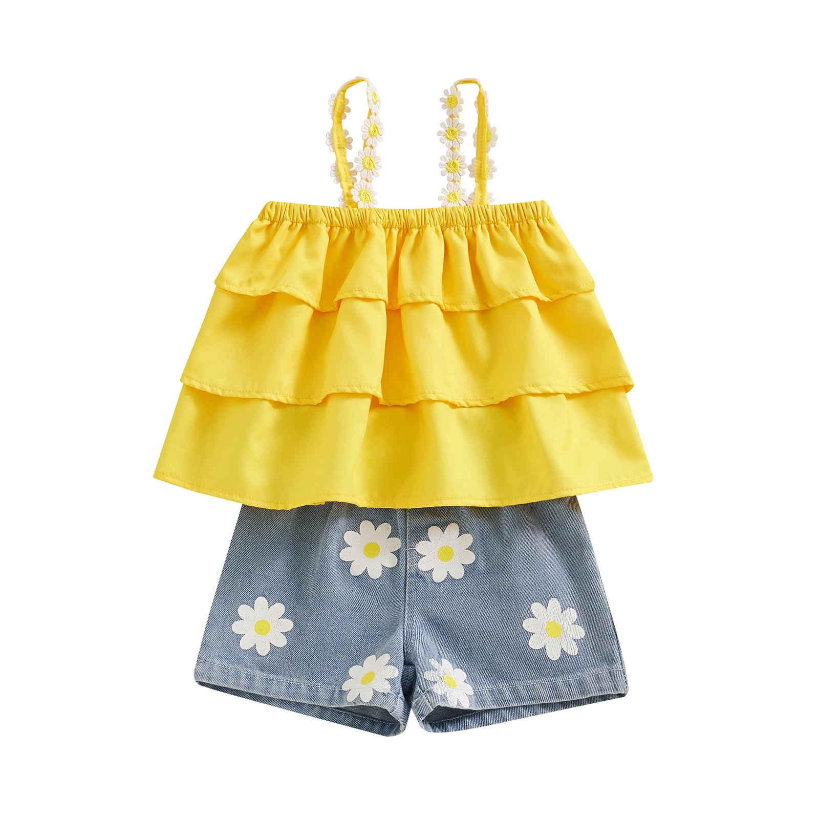 Inevnen Girls Summer 2Pcs Shorts Sets Yellow Tiered Ruffle Camisole ...