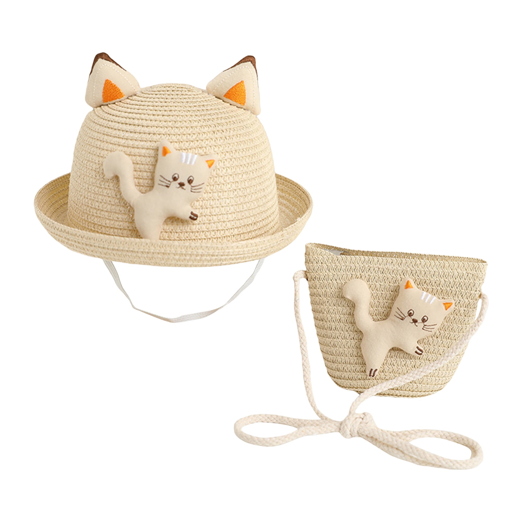 Inevnen Girls Sun Hat Set, Cute Cat Roll-up Brim Straw Hat with ...