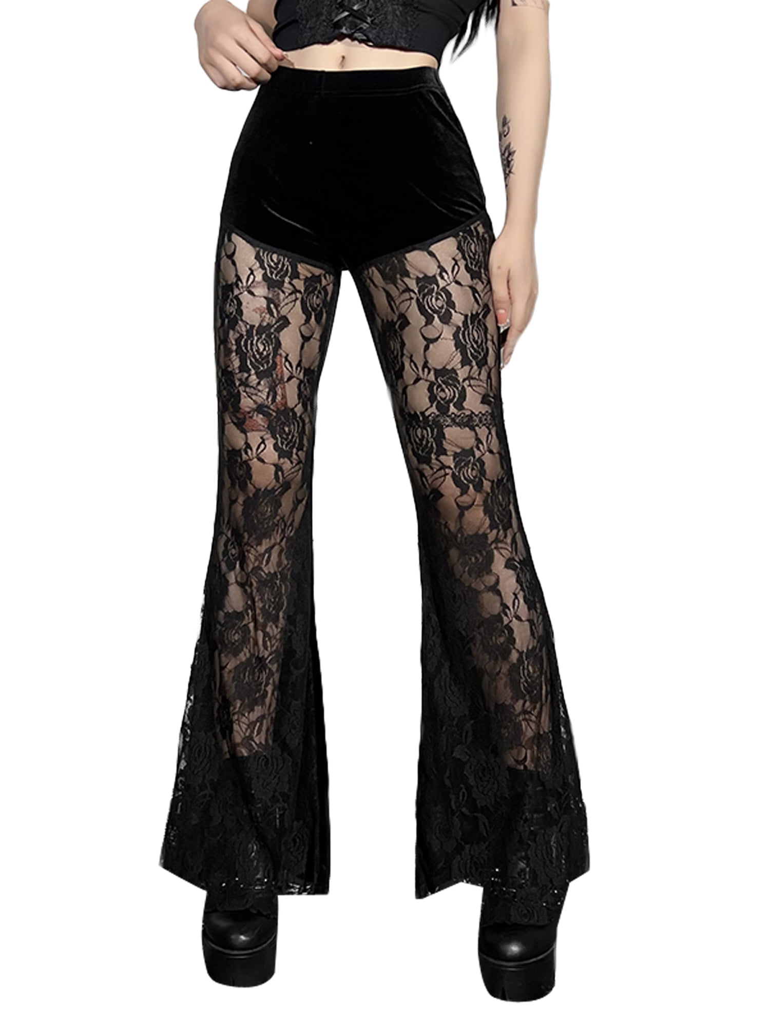 Inevnen Gothic Black Lace Flare Pants for Women Elastic Waist Victorian ...
