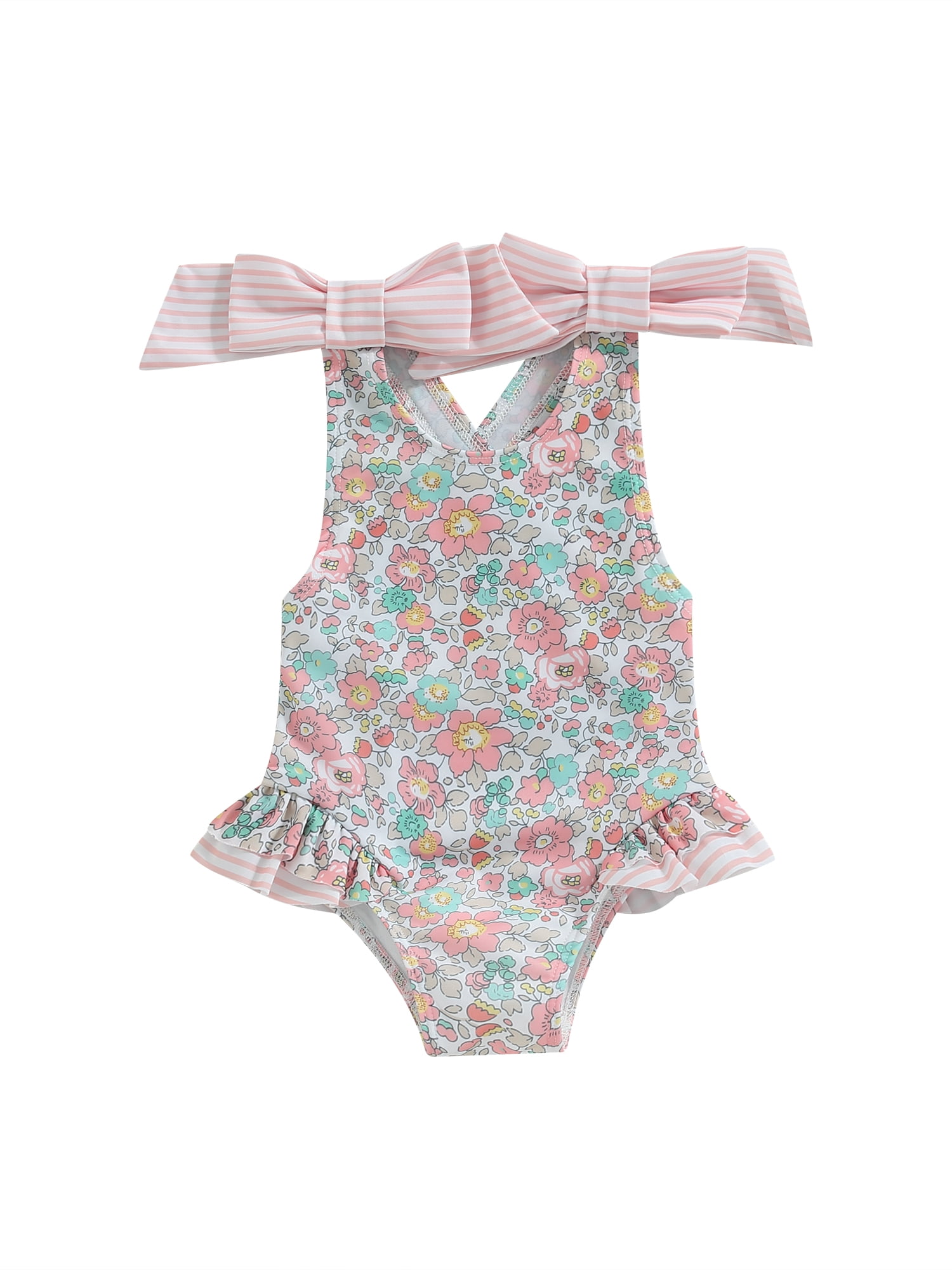 Inevnen Infant Toddler Baby Girl Swimsuit Halter Floral Bow Ruffle One ...