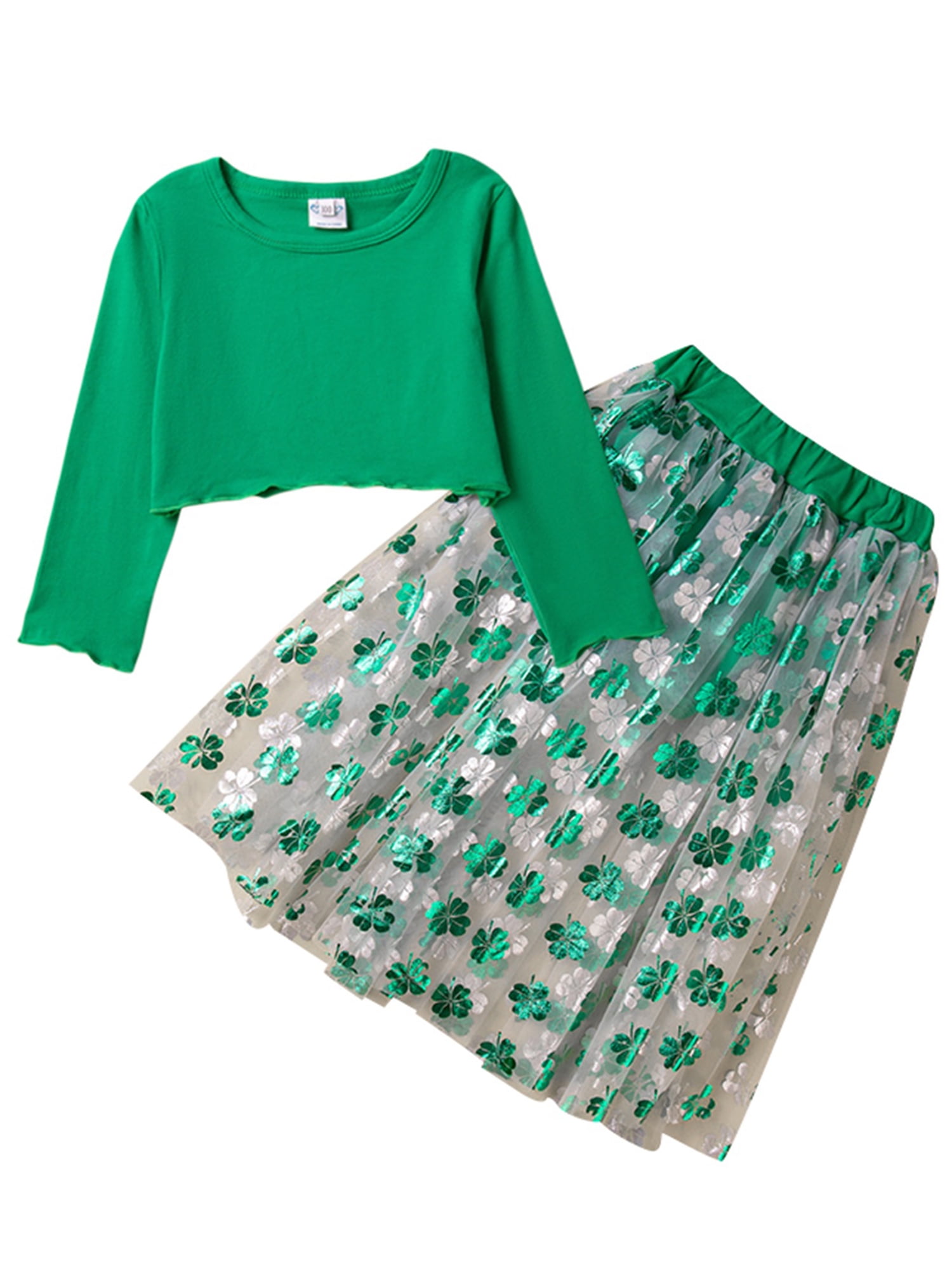 Inevnen Kids Girls Outfits Crop Tops + Four Leaf Clover Print Mesh ...