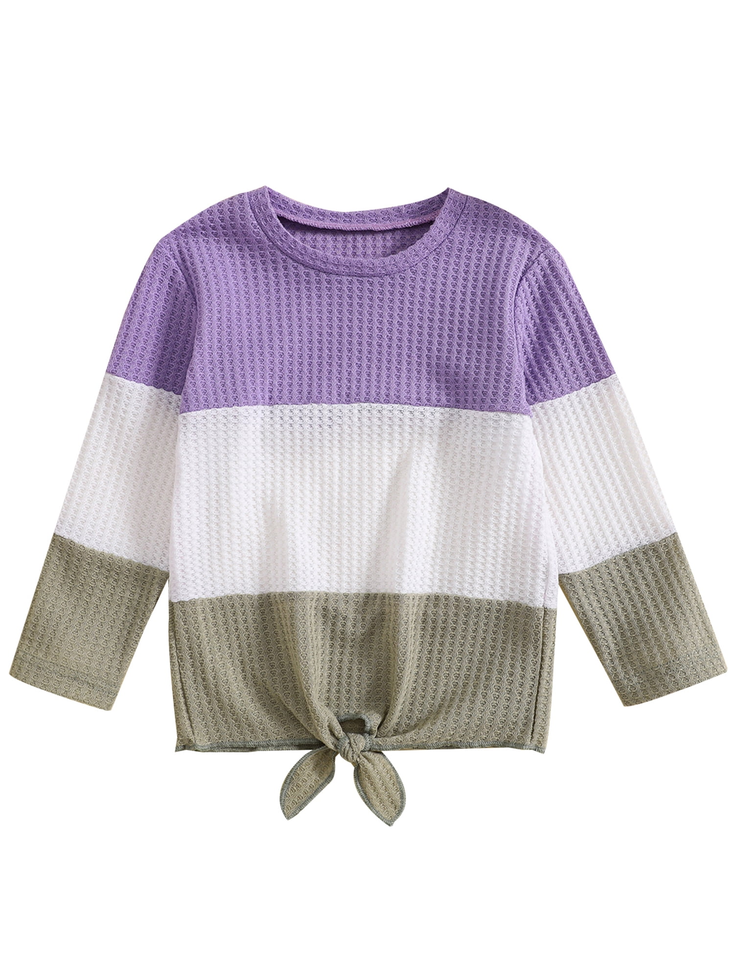 Inevnen Kids Girls Waffle Colorblock Tie Top Long Sleeve Casua T Shirt ...