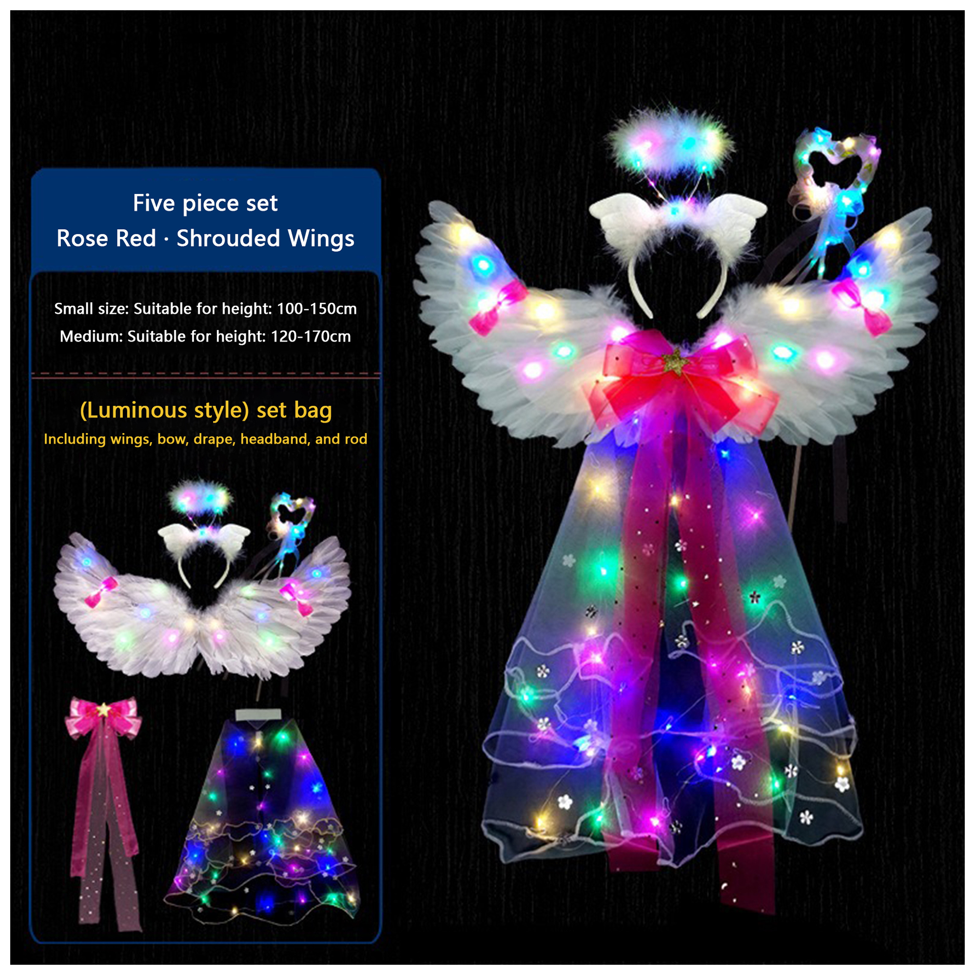 Inevnen LED Angel Wings Set Fairy Wings Halo Hair Hoop Magic Wand Bow ...