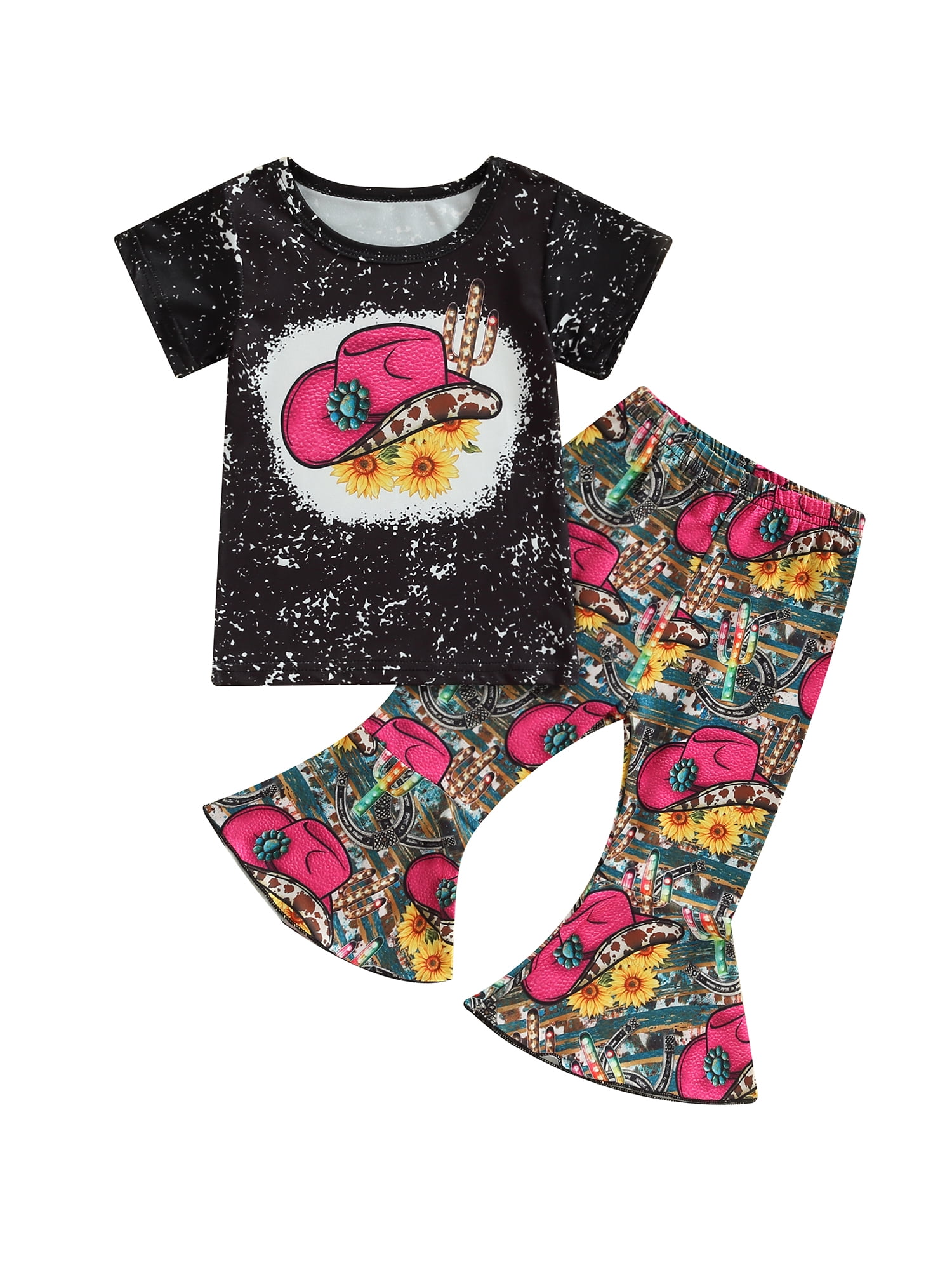 Inevnen Toddler Baby Girl Western Outfit Cow Print Short Sleeve T-Shirt Tops Flared Pants Bell ...