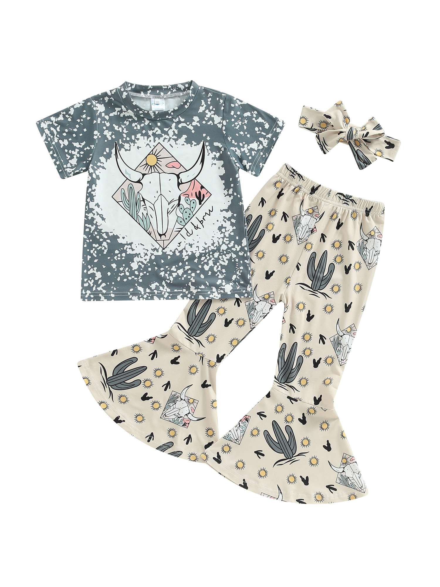 Inevnen Toddler Kids Baby Girl Western Bell Bottoms Outfits Cow Print T-Shirt Tops Flare Pants ...