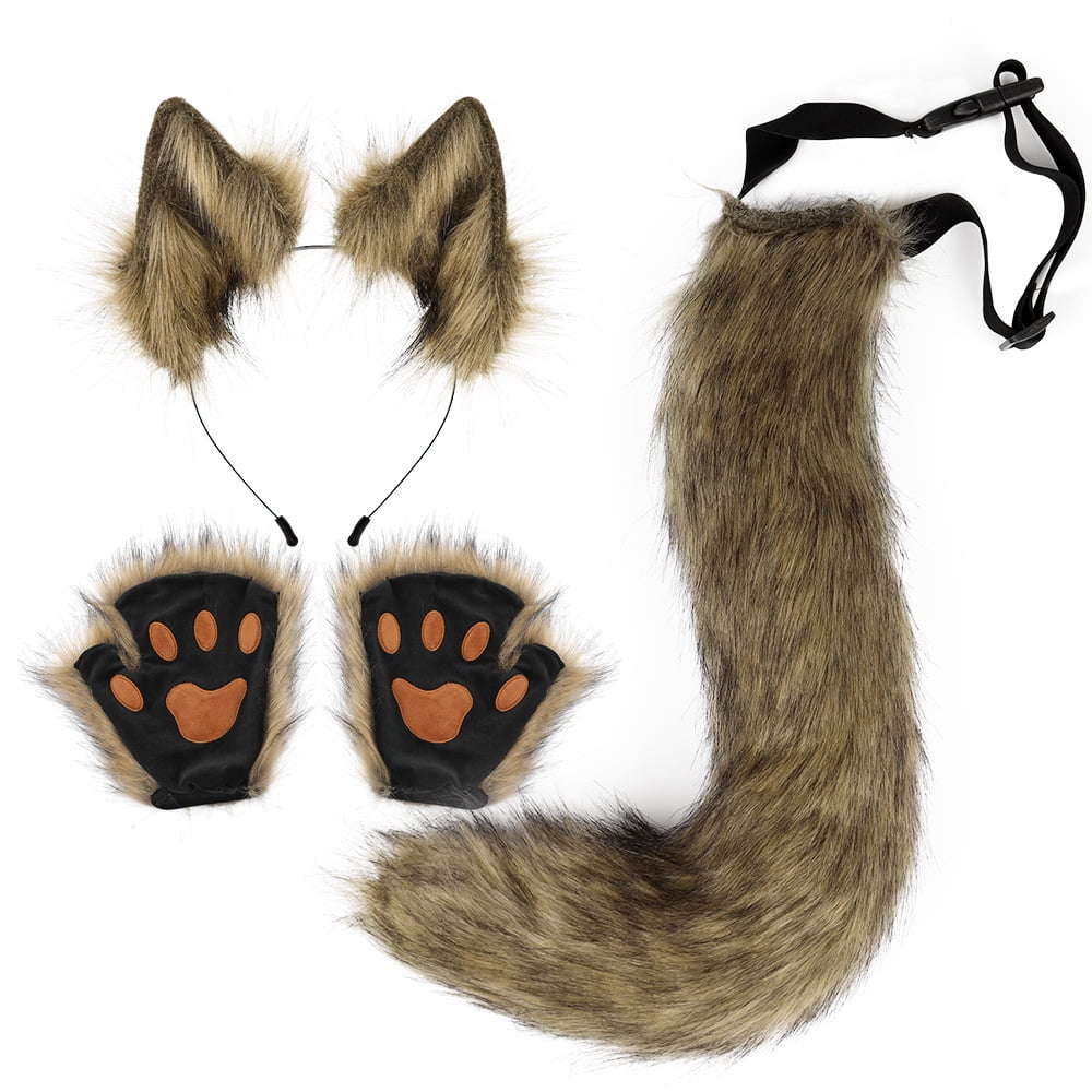 Inevnen Women Fox Costume Furry Gloves Fox Ears Tail Set Photo Props ...
