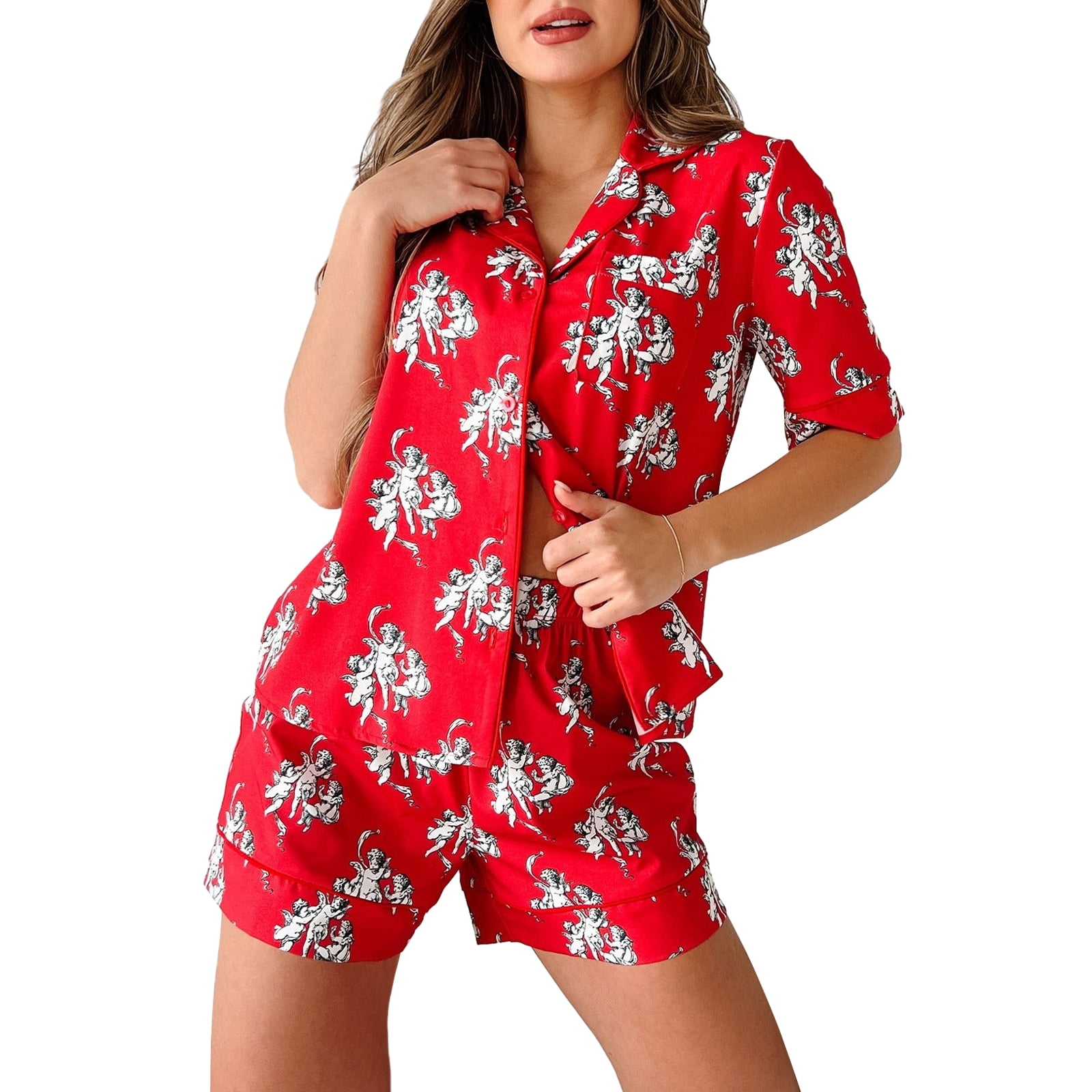 Inevnen Women Pajama Set, Angel Print Short Sleeve Button Closure Top ...