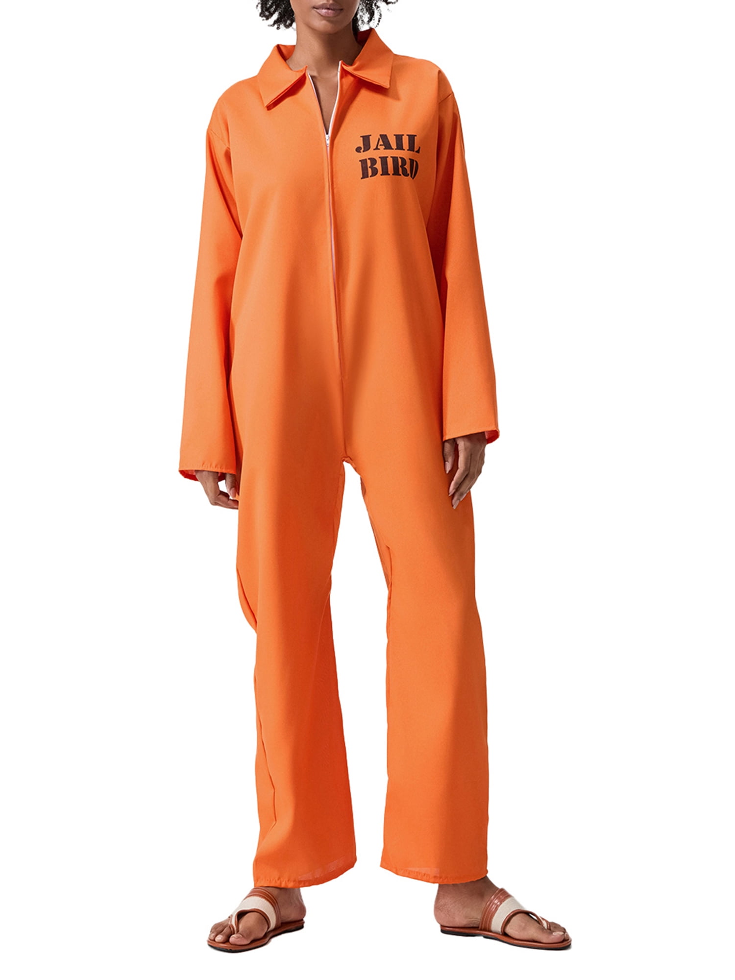 Inevnen Women Prisoner Costume Long Sleeve Front Zip Up Inmate Jumpsuit ...