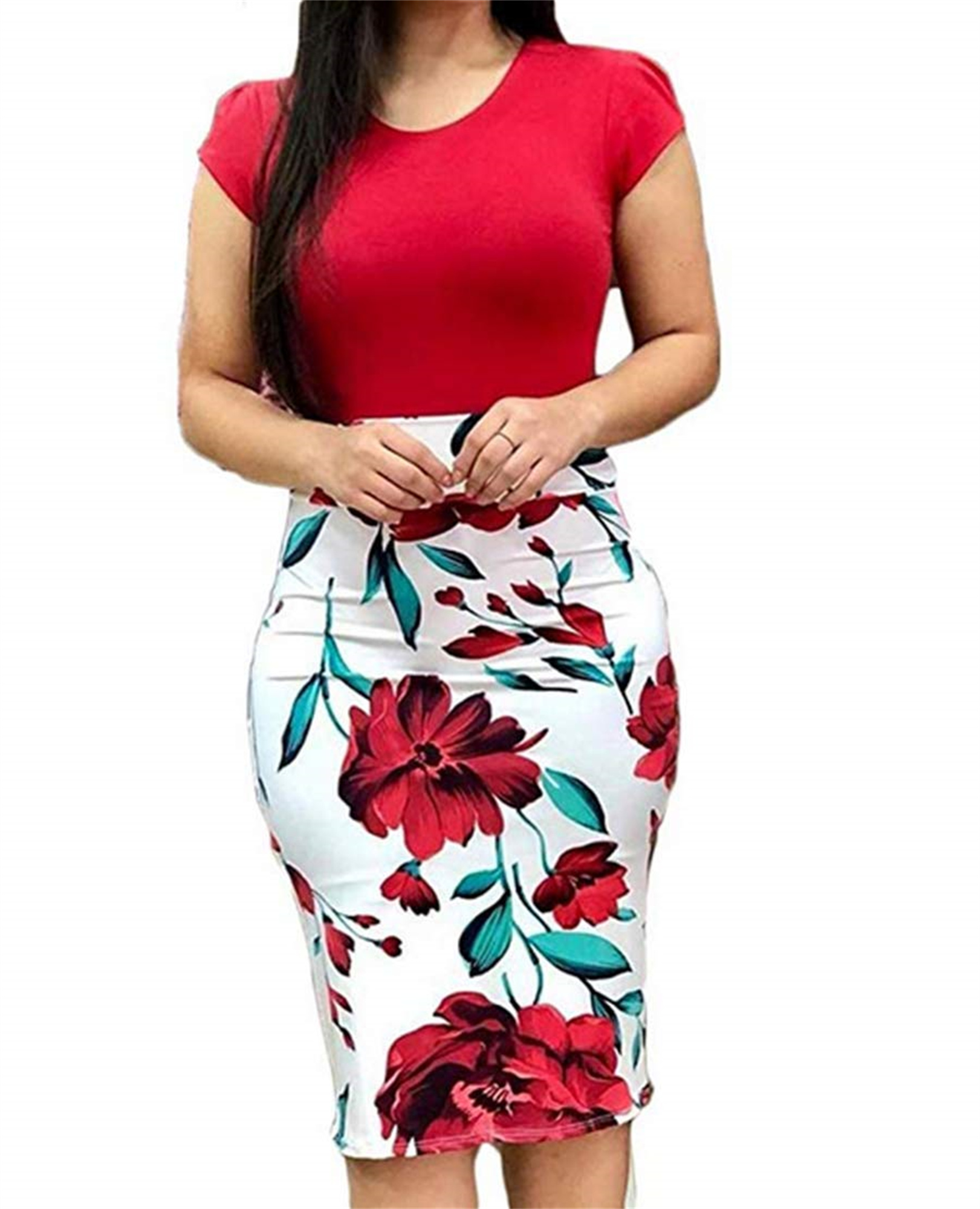 Inevnen Women's Bodycon Dress Short Work Casual Floral Prints Pencil ...