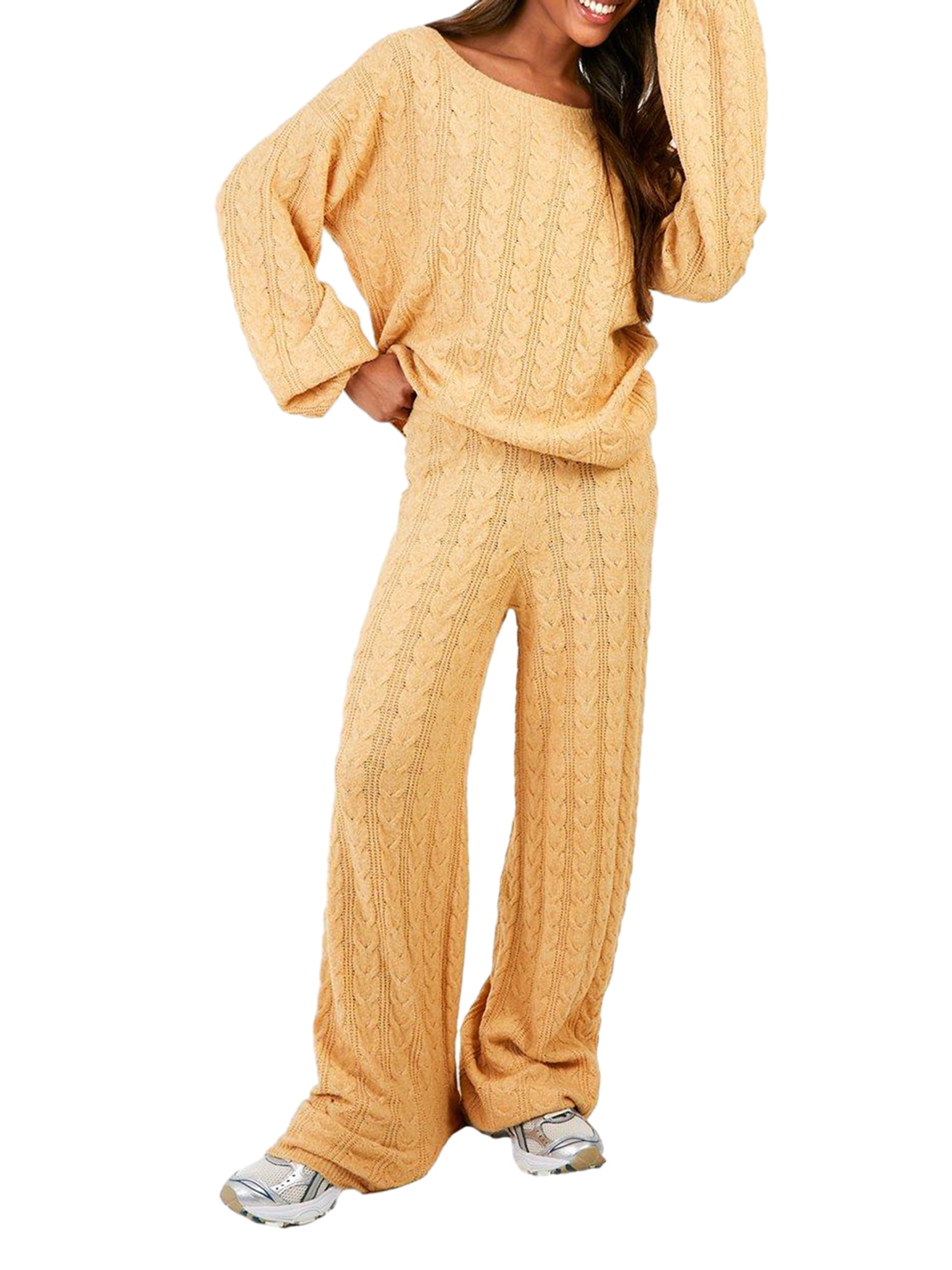 Inevnen Women's Casual Knit Outfits Solid Color Tops Pants Slouchy ...