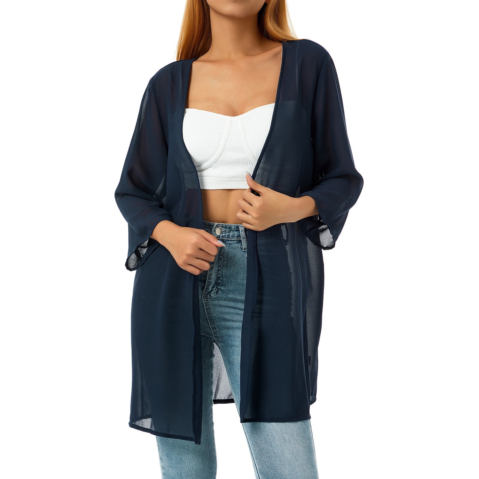 Inevnen Women's Summer Sheer Cardigans 3/4 Sleeve Chiffon Kimonos Solid ...