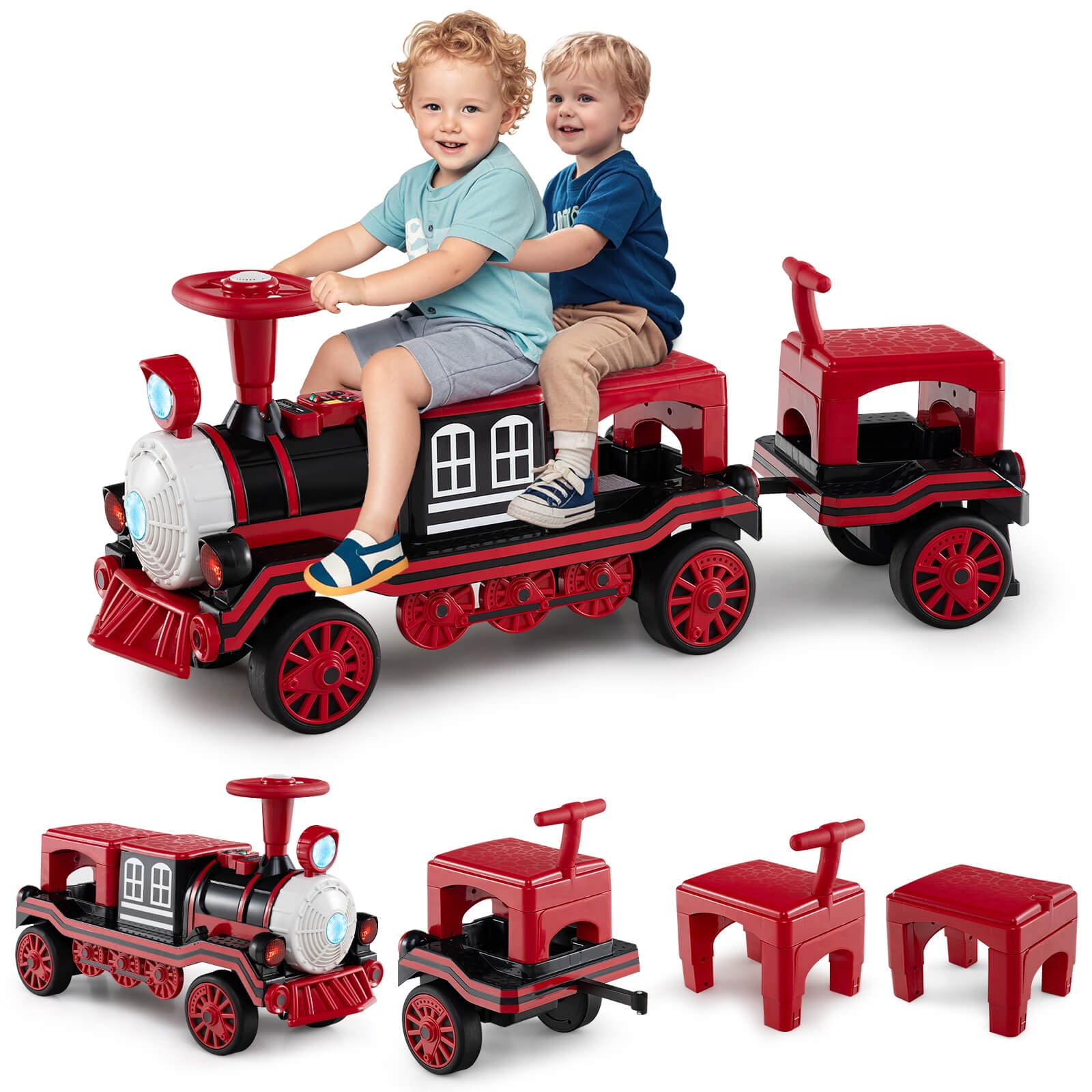 Infans 3-Seater Ride on Train Set Trackless, 12V Ride on Toy Car w/2 ...