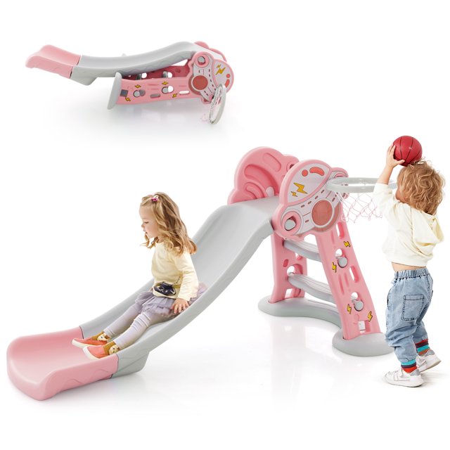 Infans 3-in-1 Kids Indoor Slide w/ Basketball Hoop & Basketball, Safe ...