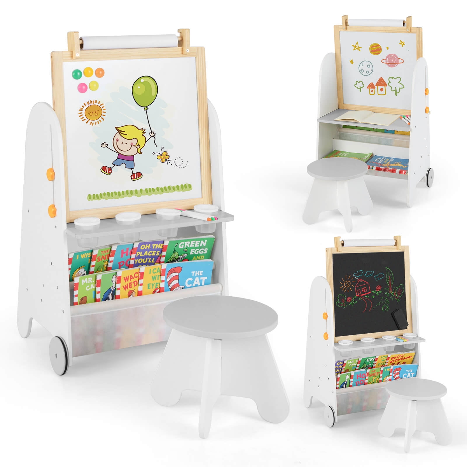 Infans 4-in-1 Kids Art Easel with Stool w/Magnetic Whiteboard ...