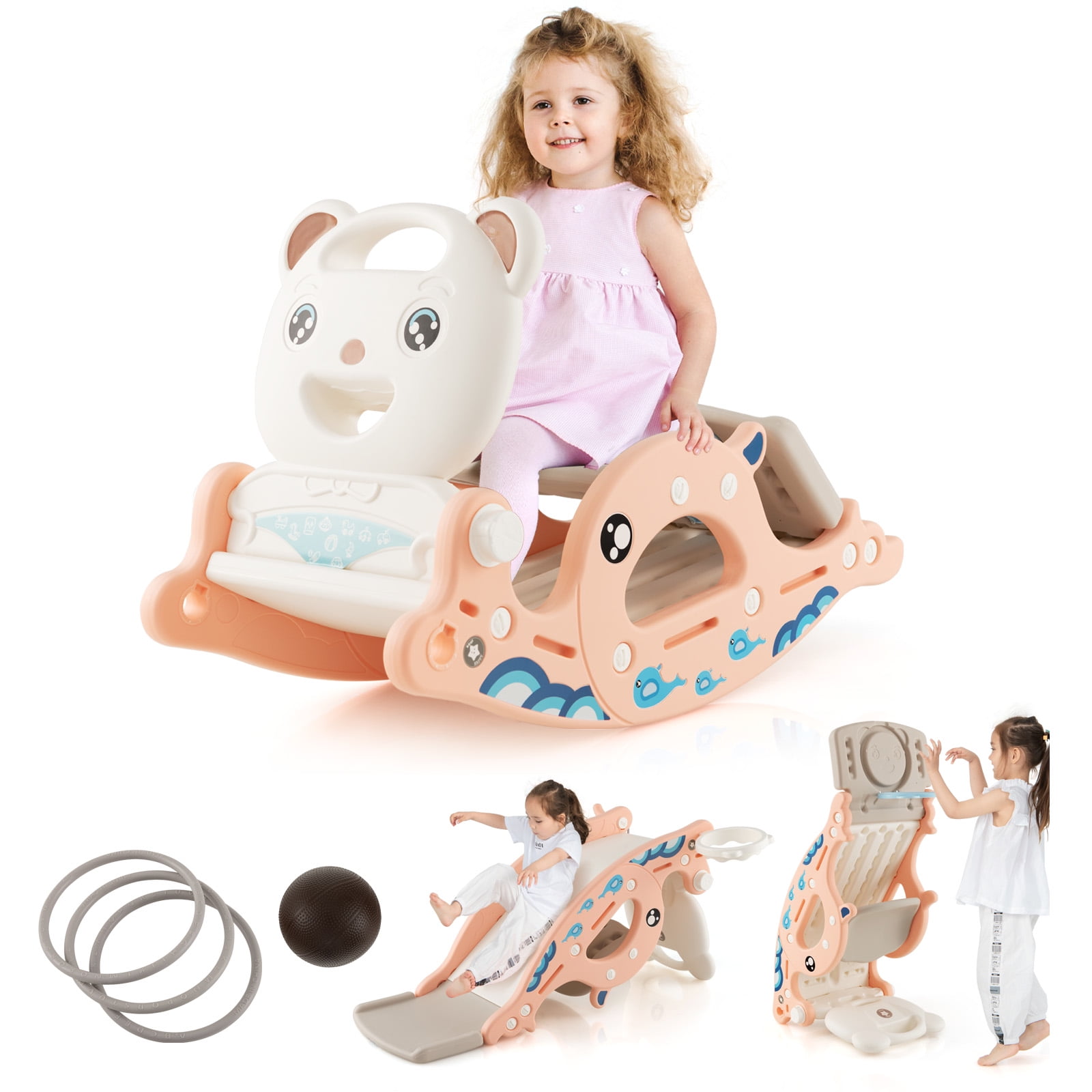 INFANS 4-in-1 Plastic Toddler Slide, Rocking Horse, Basketball Hoop ...