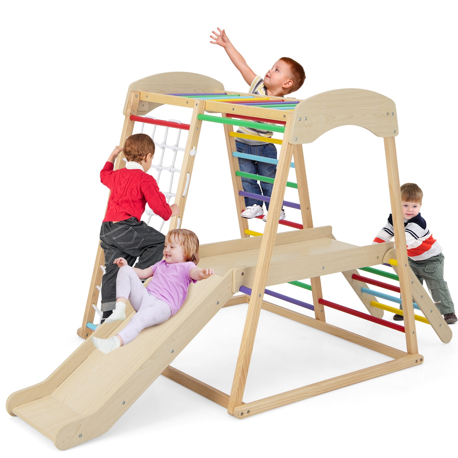 Infans 6-in-1 Indoor Jungle Gym Wooden Playground Climber Playset for ...