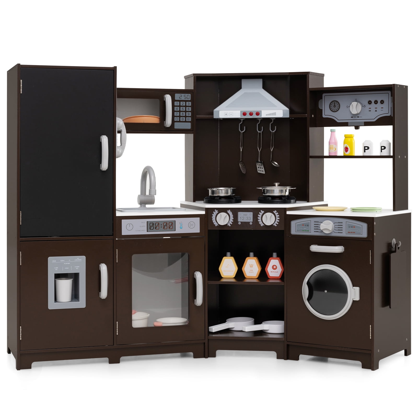 Infans Corner Kids Play Kitchen Wooden Pretend Toy Kitchen w/ Realistic ...