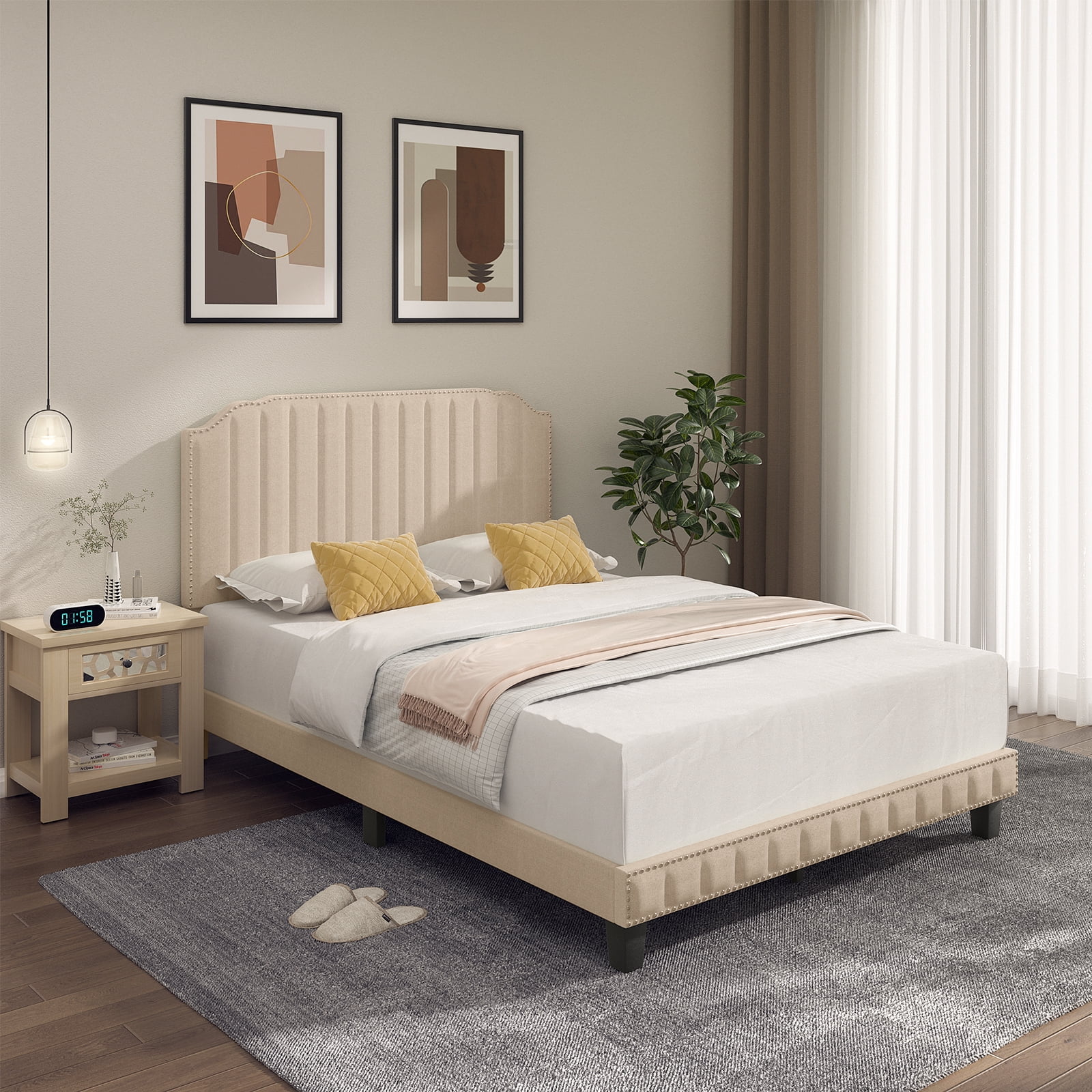 Infans Full Upholstered Bed Frame with linen fabric vertical lines ...