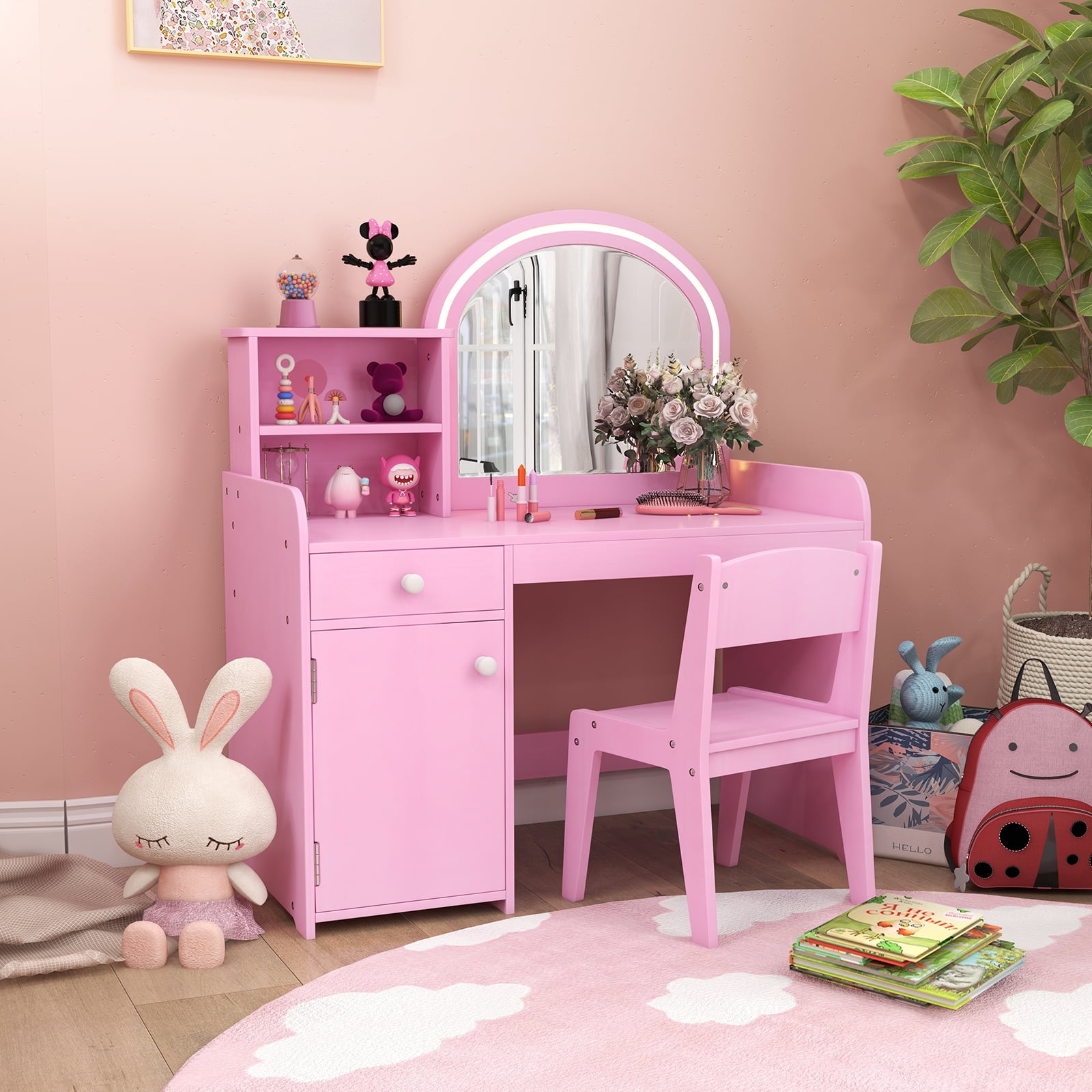 Infans Kid Vanity Table Chair Set 2-Color LED Lights Large Drawer Shelf ...