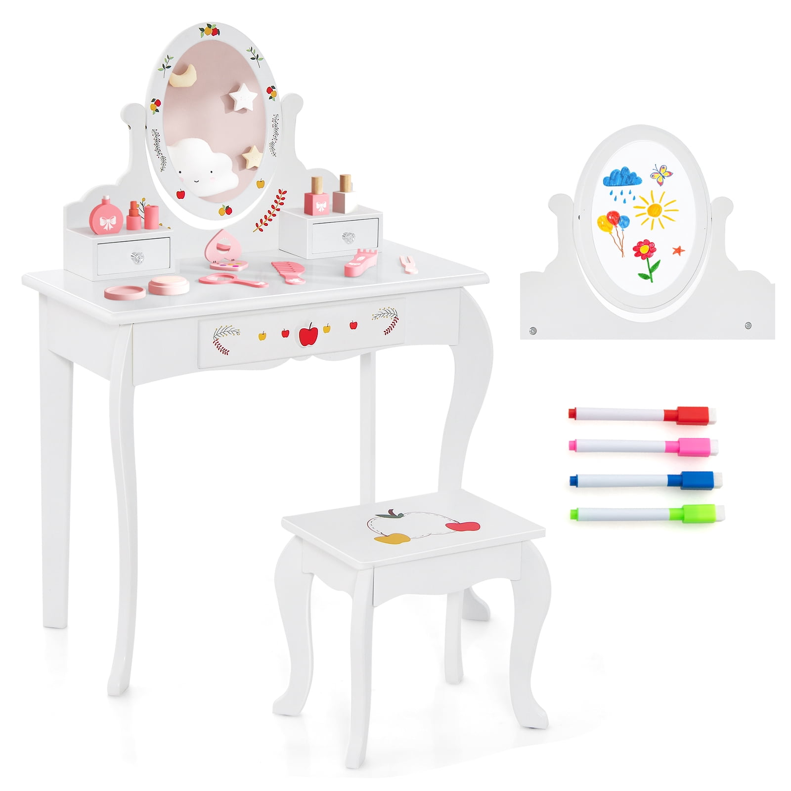 INFANS Kids Vanity Table Set, 360° Rotatable Mirror and Whiteboard, 4 ...
