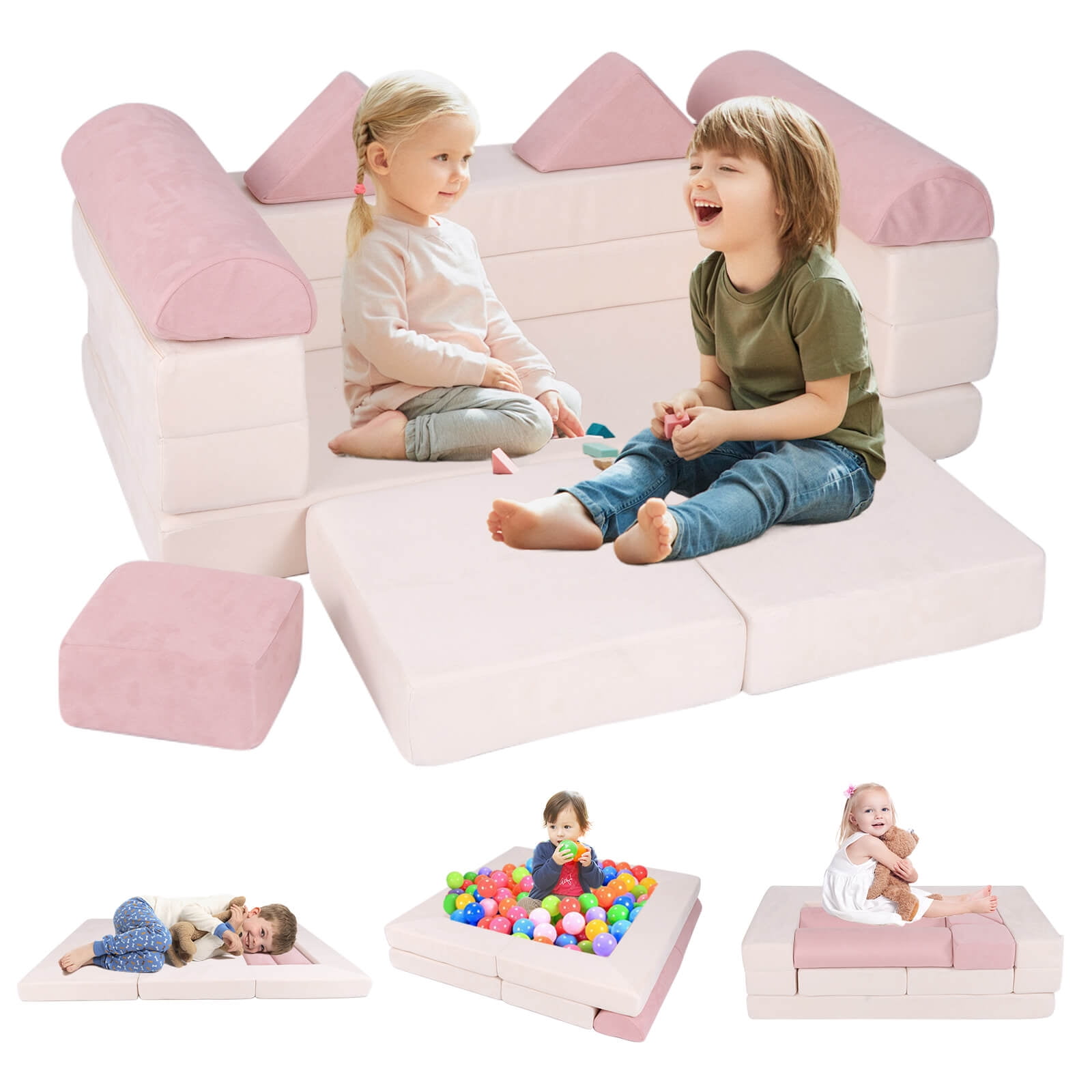 Infans Kids Modular Play Couch Play Set w/ Suede Fabric Cover High ...