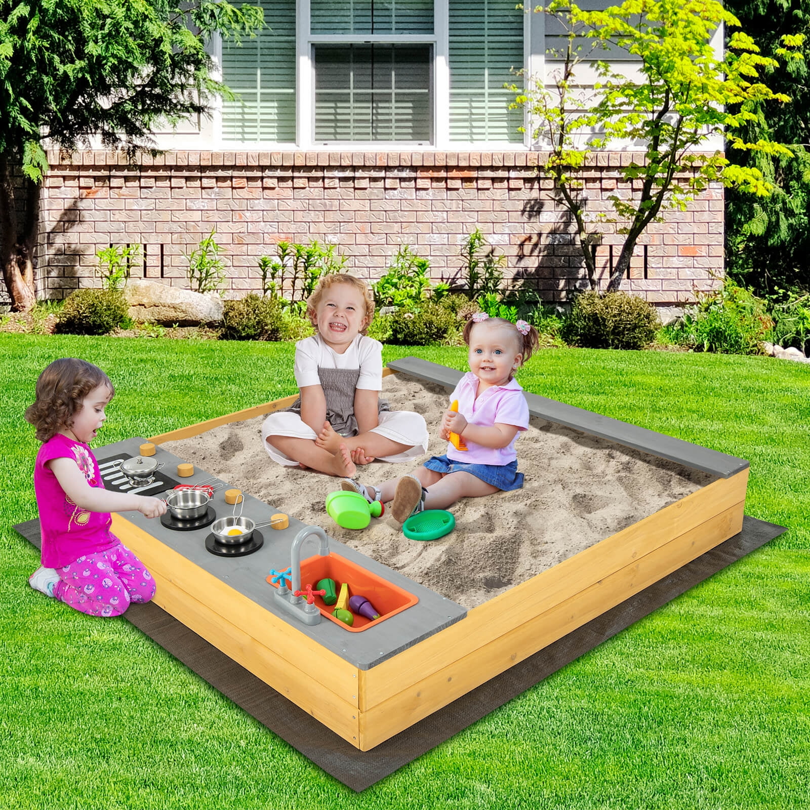 Infans Kids Sandbox Outdoor Wooden Sandpit w/ Bottom Liner Creative ...