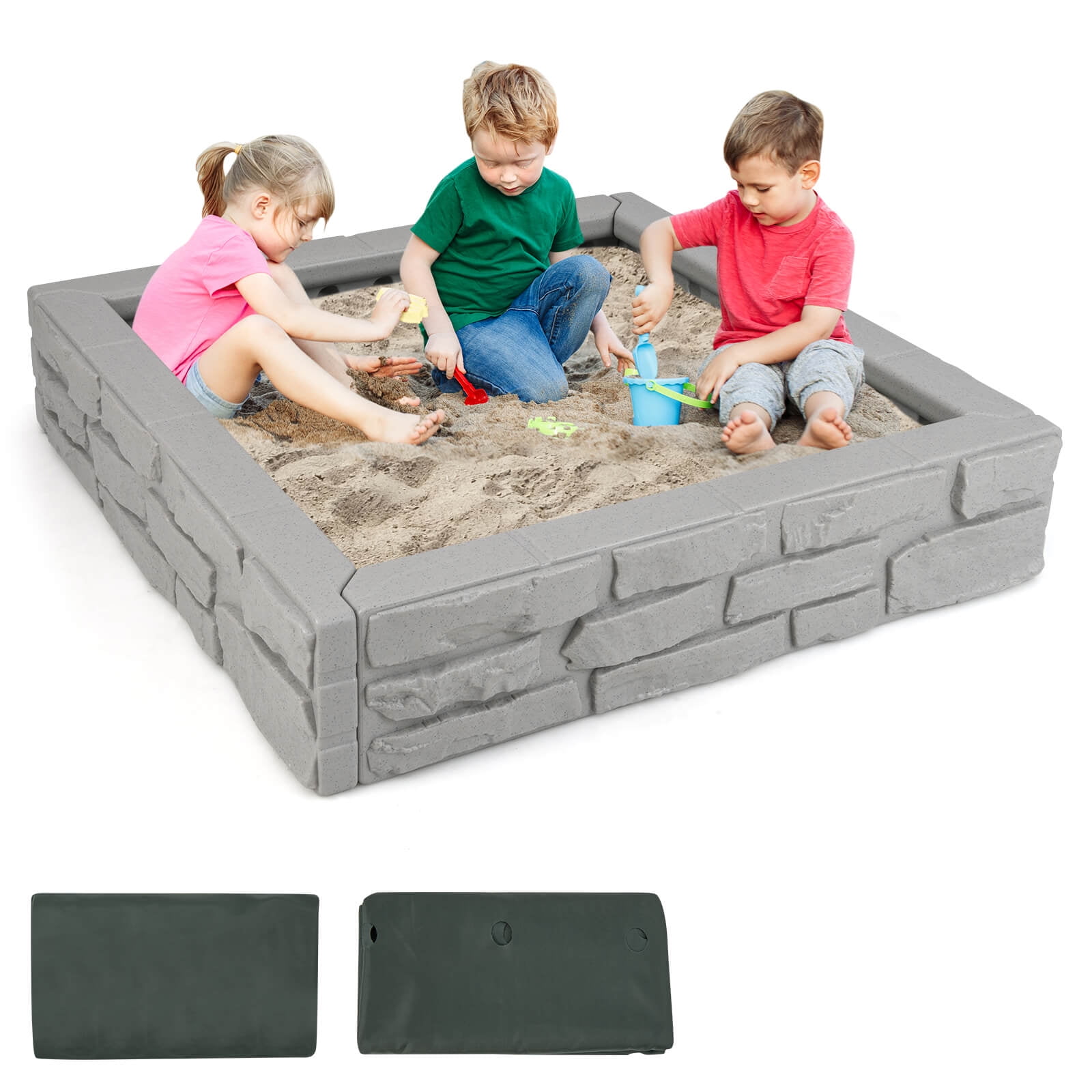 Infans Kids Sandbox w/ Cover Bottom Liner Backyard Beach HDPE Sandpit ...