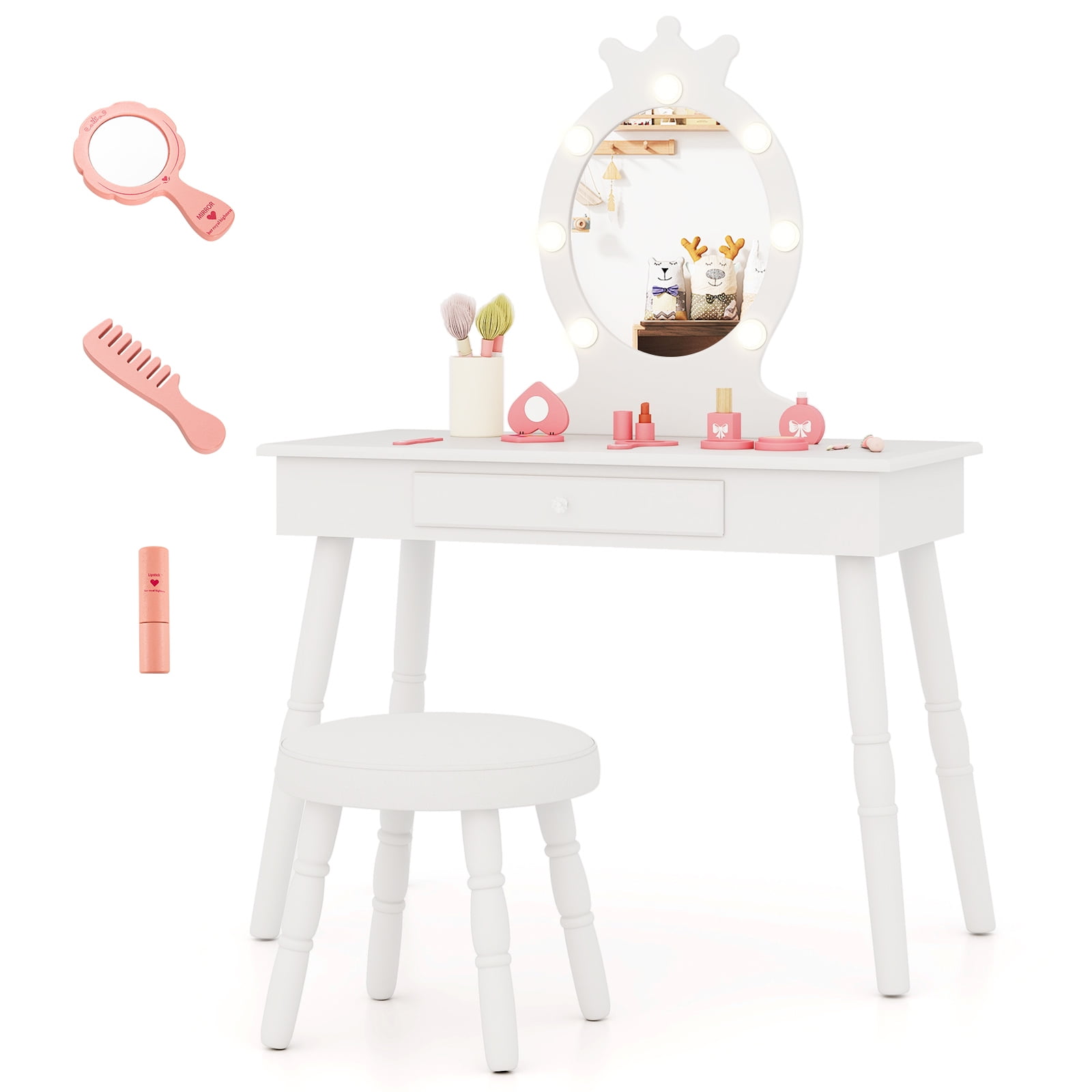 Infans Kids Vanity Set Princess Vanity Table & Chair Set with Lighted ...