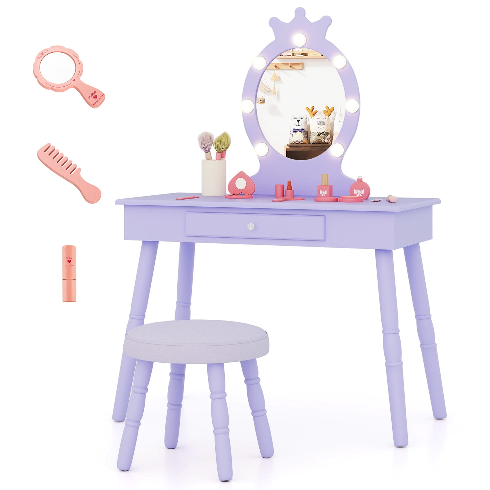 Infans Kids Vanity Set Princess Vanity Table & Chair Set with Lighted ...
