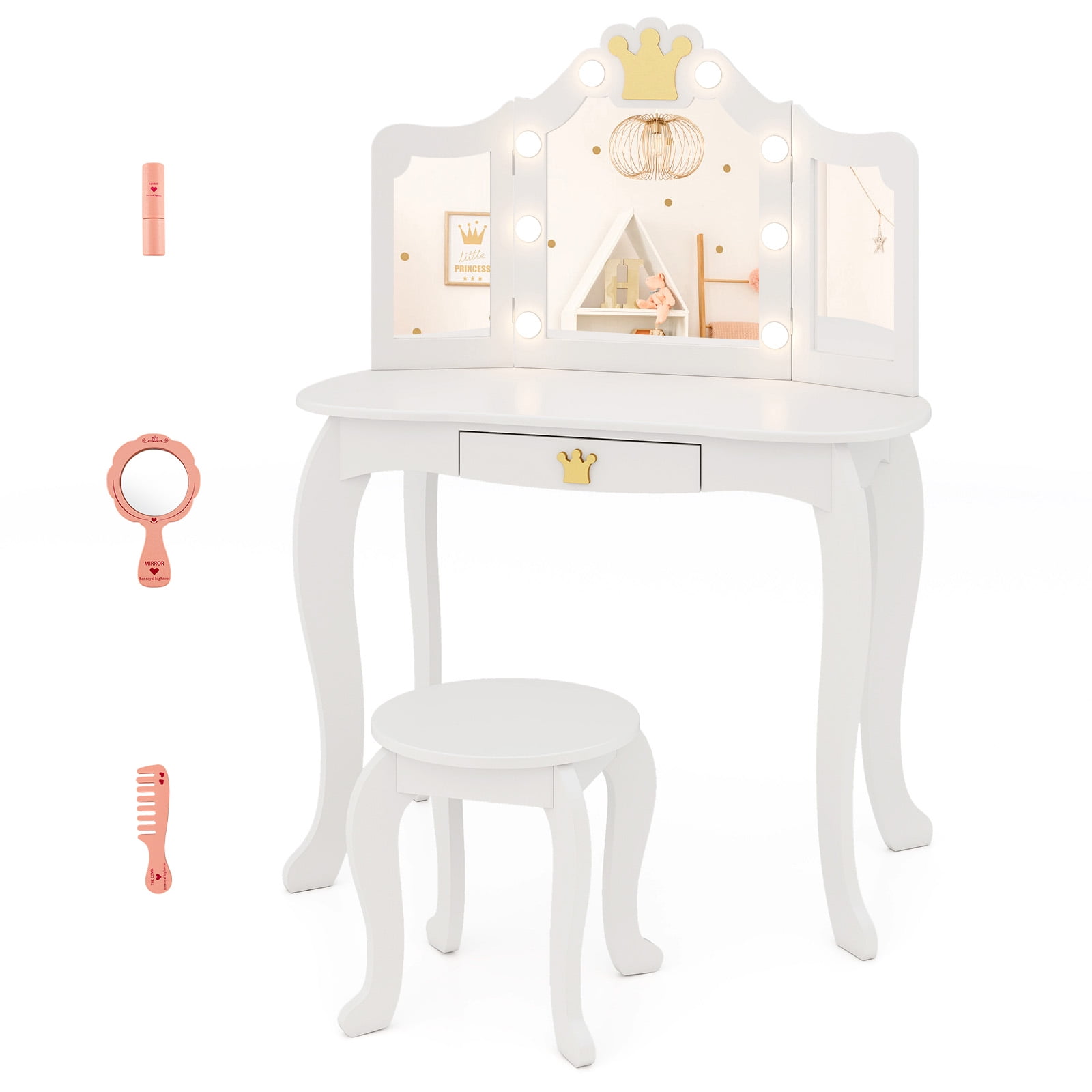 Infans Kids Vanity Set Princess Vanity Table & Chair Set with Lighted ...