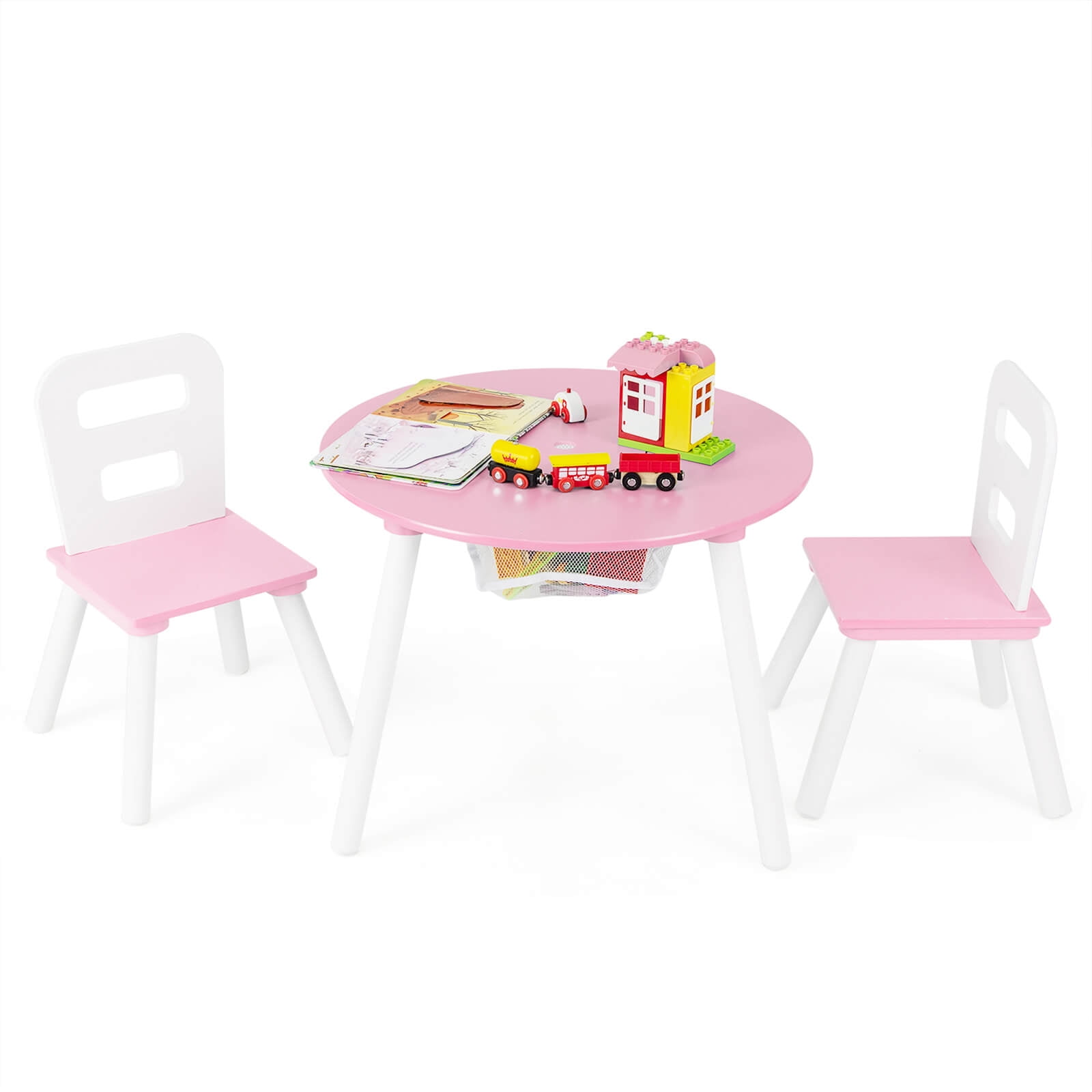 Infans Kids Wooden Round Table & 2 Chair Set w/ Center Mesh Storage ...