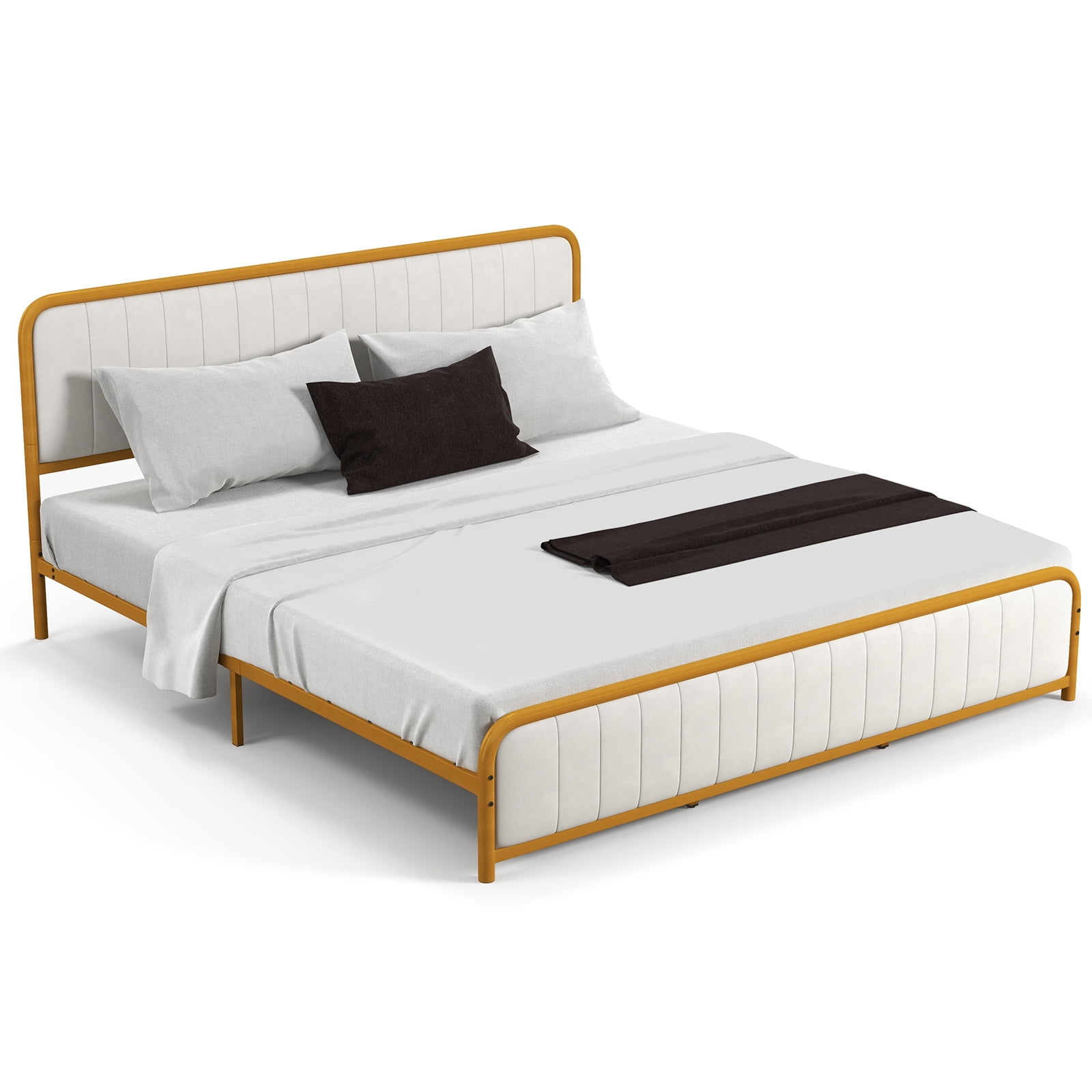 Infans King Gold Metal Bed Frame Upholstered Platform Bed with Velvet ...