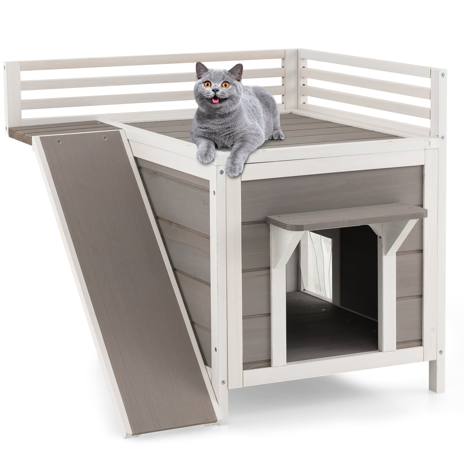 Infans Outdoor Feral Cat House Wooden Kitty Shelter with Balcony ...