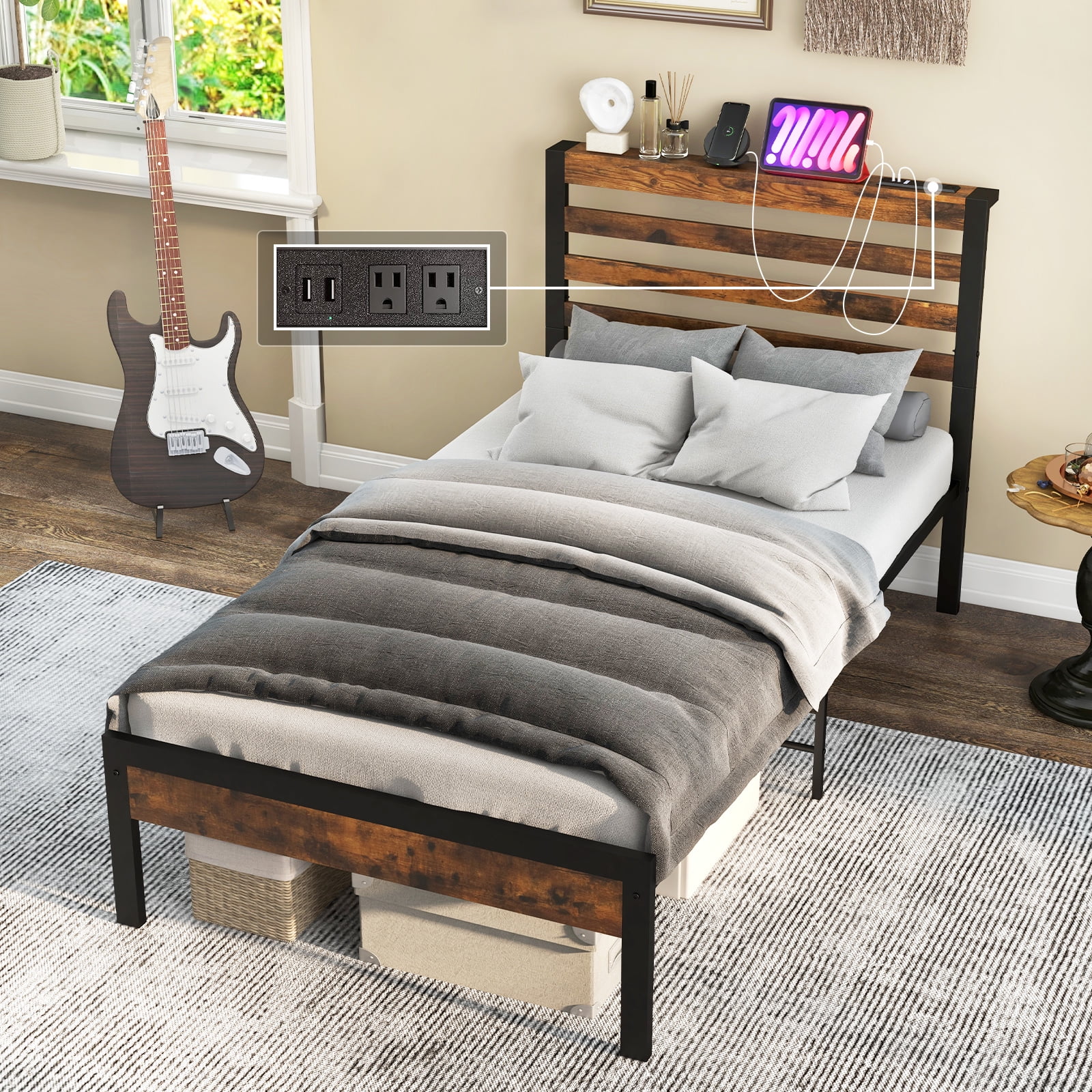 Infans Twin Metal Platform Bed Frame with Charging Station and ...