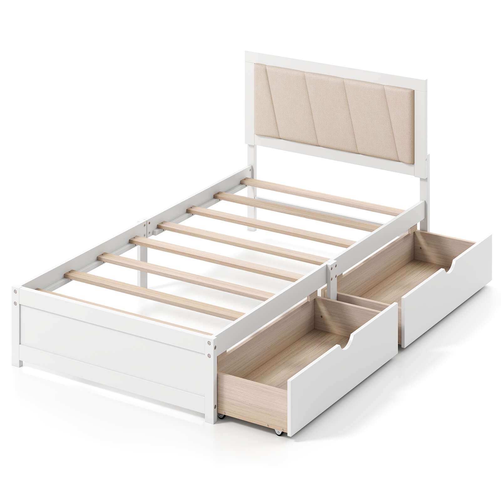 Infans Twin Size Bed Frame w/ 2 Storage Drawers Upholstered Headboard ...