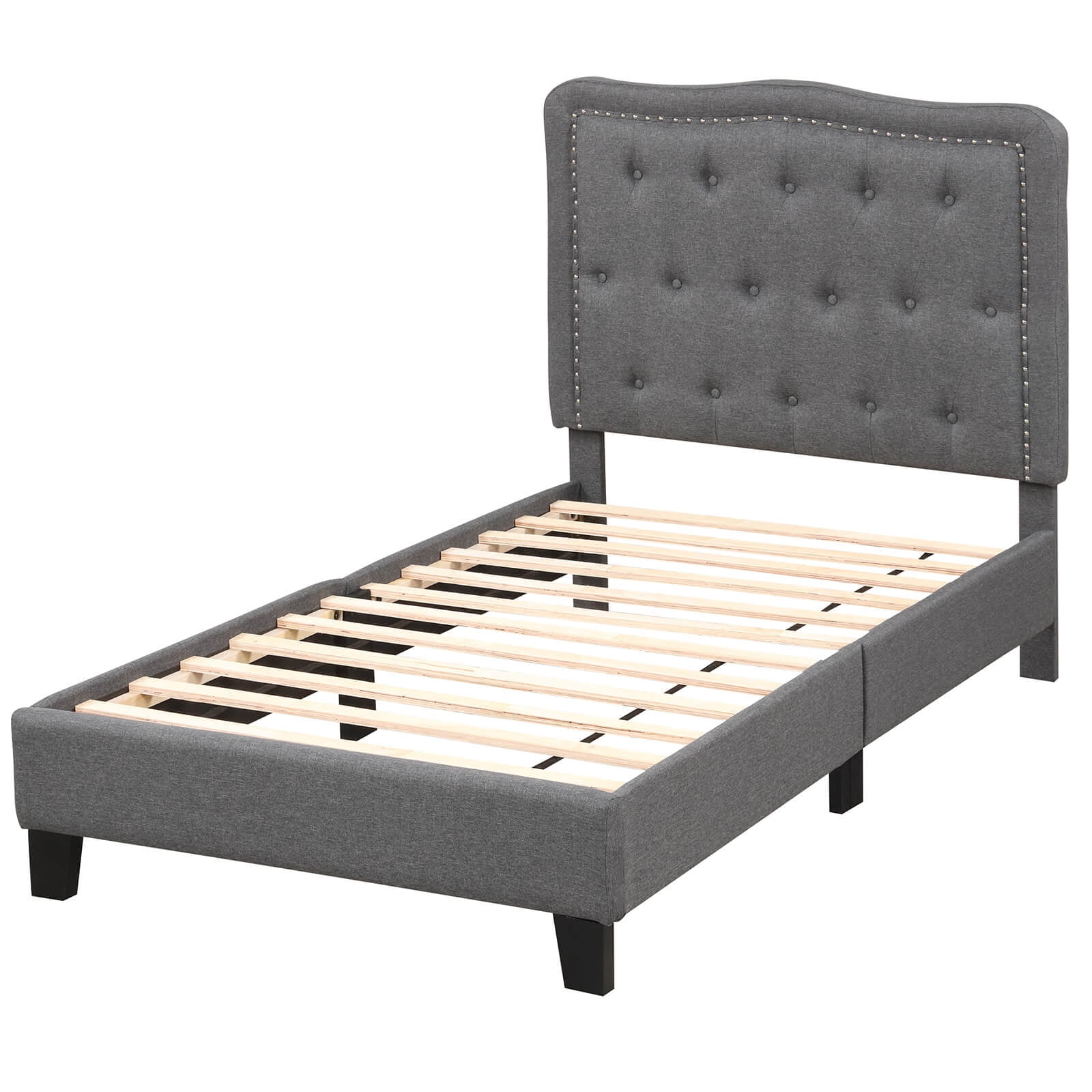 Infans Twin Size Bed Frame w/ 46" Tall Button Tufted Headboard Wooden ...