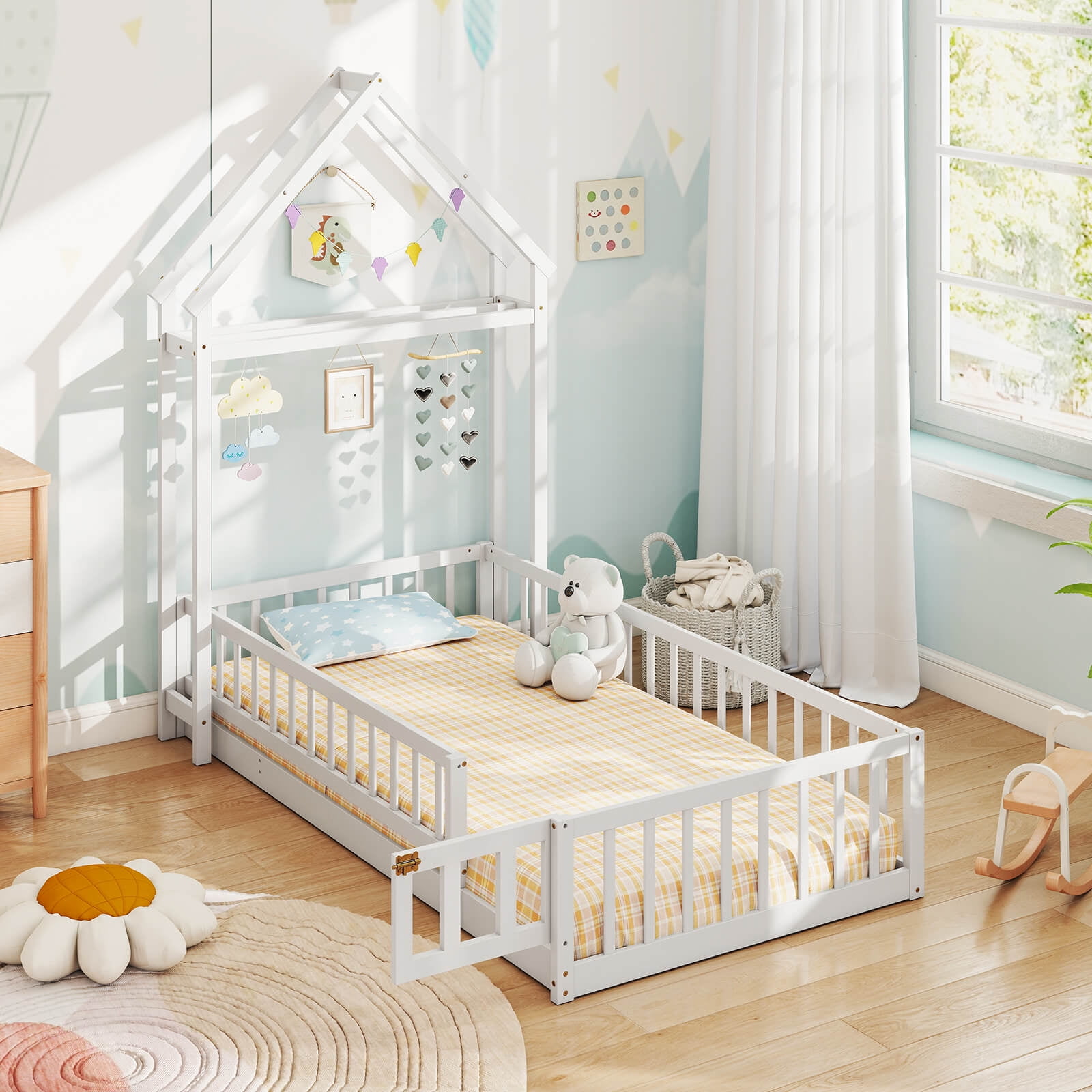 Infans Twin Size House Floor Bed w/House-shaped Headboard Clothes ...