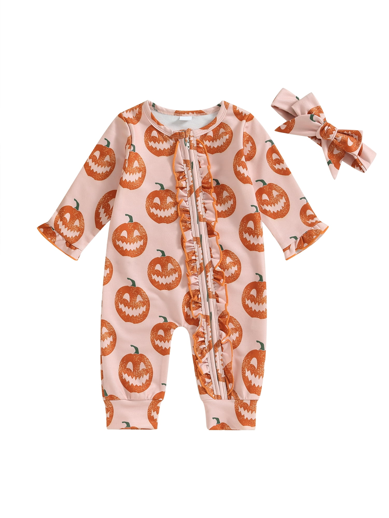 Infant Baby Boy Girl Halloween Outfits Pumpkin Face Long Sleeve Zipper Ruffle Jumpsuit Playsuit ...