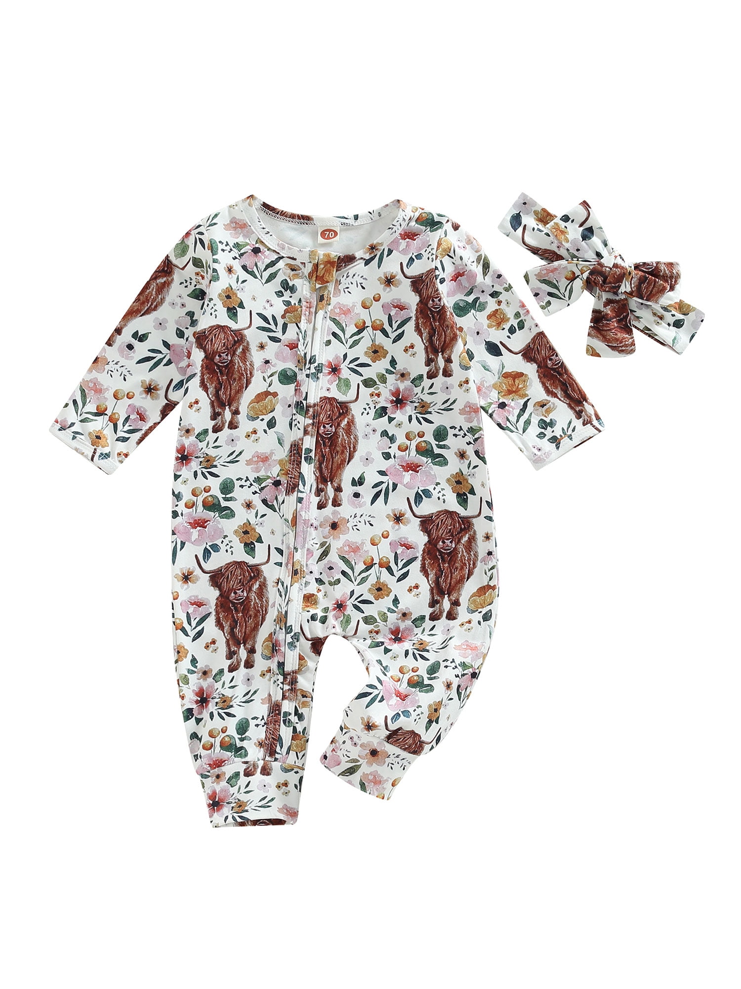 Infant Baby Boy Girl Zip Up Onesie Romper Cow Print Long Sleeve Bodysuit Western Baby Clothes ...