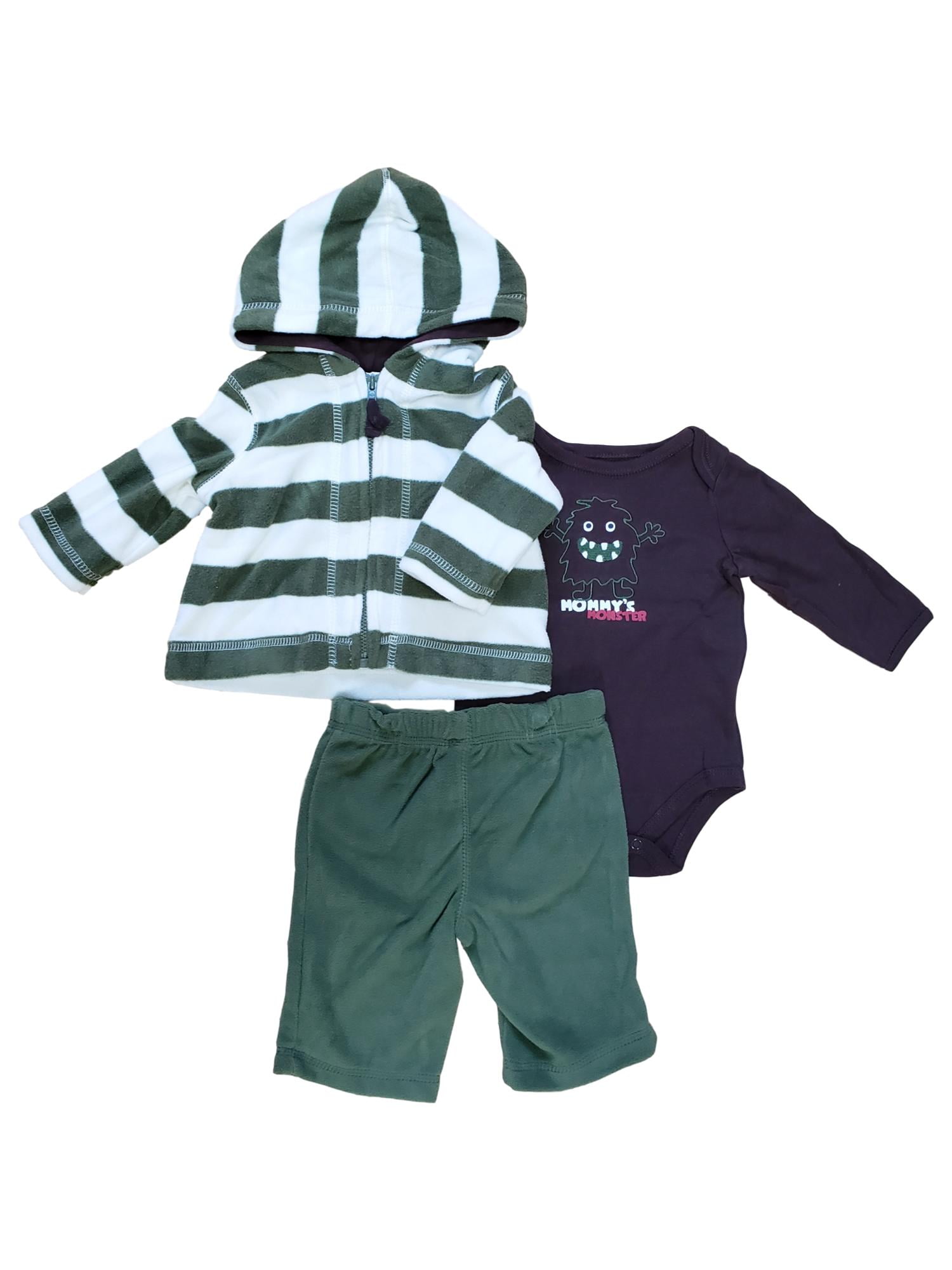 Infant Baby Boys Green Fleece Hooded Jacket Pant Cotton Bodysuit 3 Pc ...