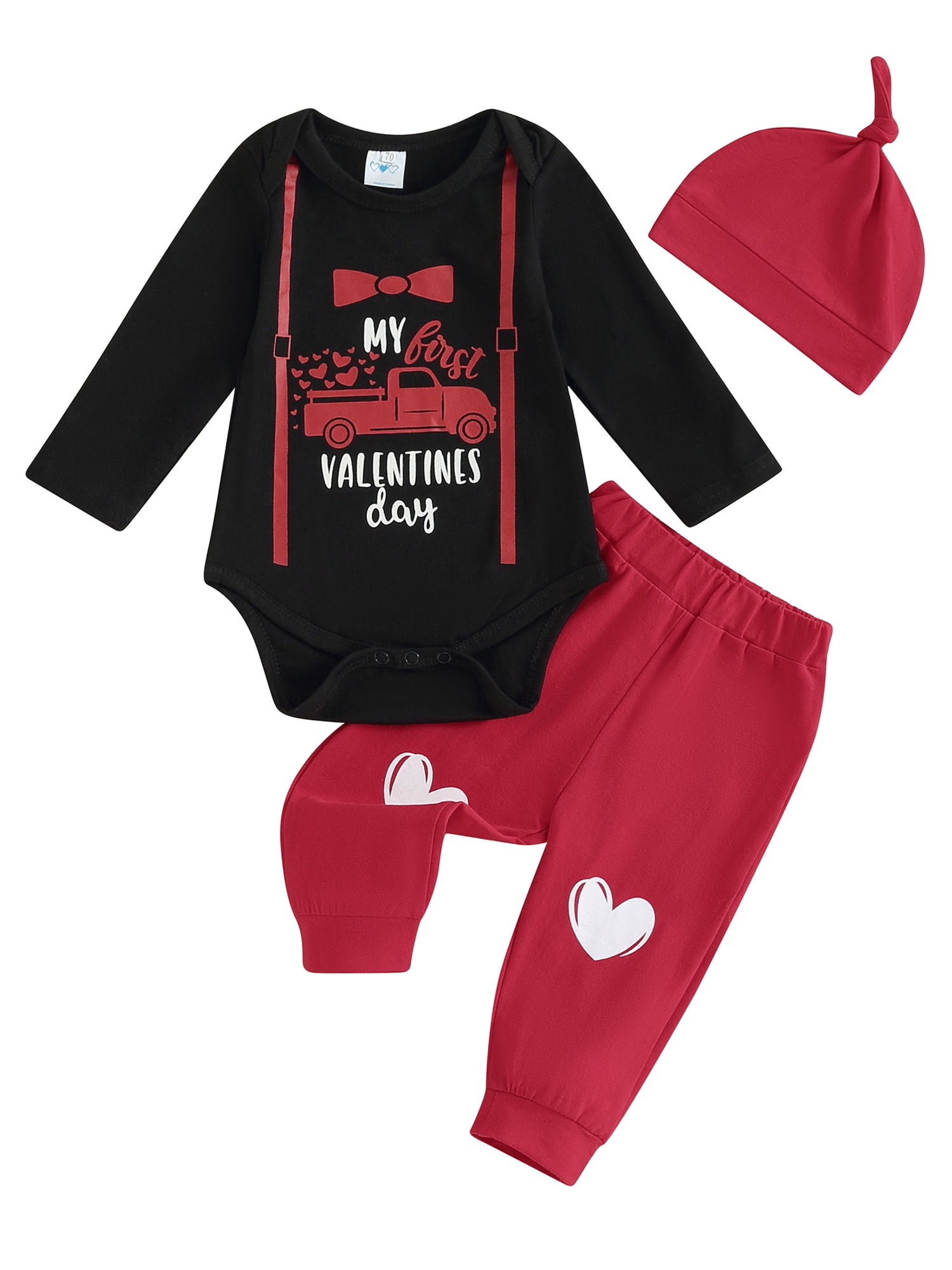 Infant Baby Boys My First Valentine’s Day Outfits Long Sleeve Truck Print Romper + Pants + Hat ...