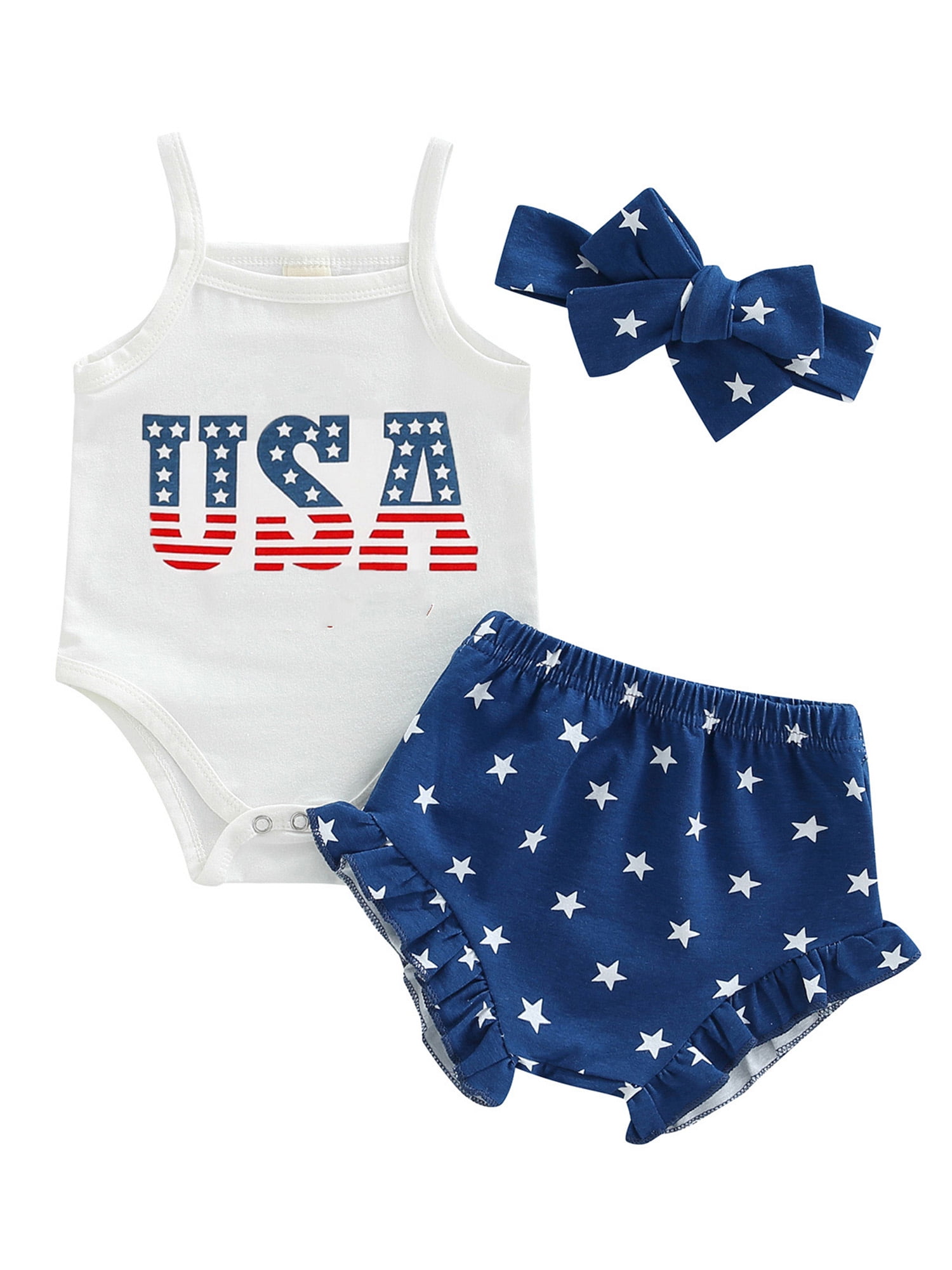 Infant Baby Girl 4th of July Outfits, Independence Day Sleeveless USA Letter Romper Ruffle ...