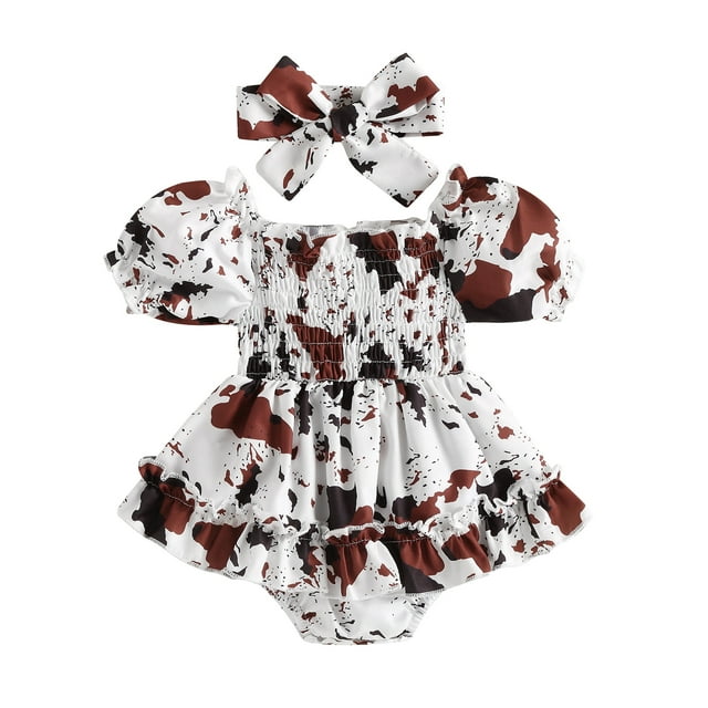 Infant Baby Girl Bubble Romper 6M 12M 18M 24M Ruffled Dress Cow Print Onesie Summer Dresses Cute ...