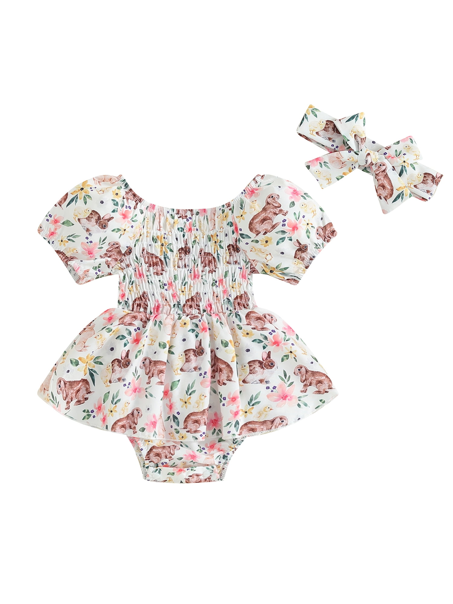 Infant Baby Girl Easter Bubble Romper Outfit Bunny Flower Print Bodysuit Dress with Bow Headband ...