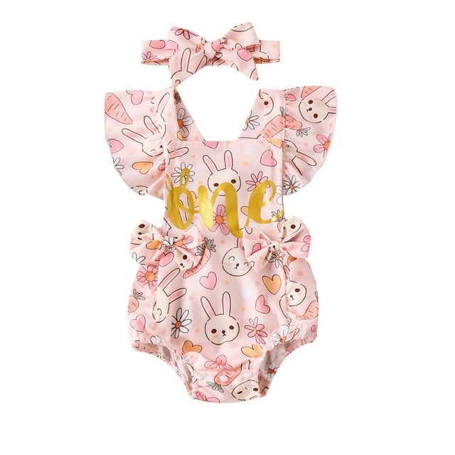 Infant Baby Girl Easter Jumpsuit Bunny/Shamrock Print Flying Sleeve Romper with Bow Headband ...