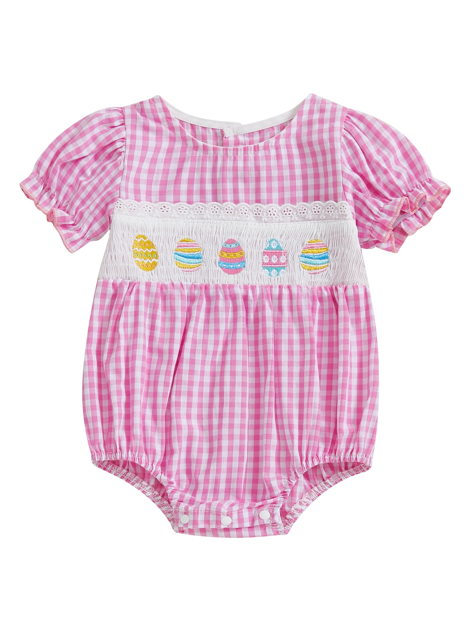 Infant Baby Girl Easter Outfit Plaid Bubble Romper Bunny Carrot Smocked Short Sleeve Jumpsuit ...