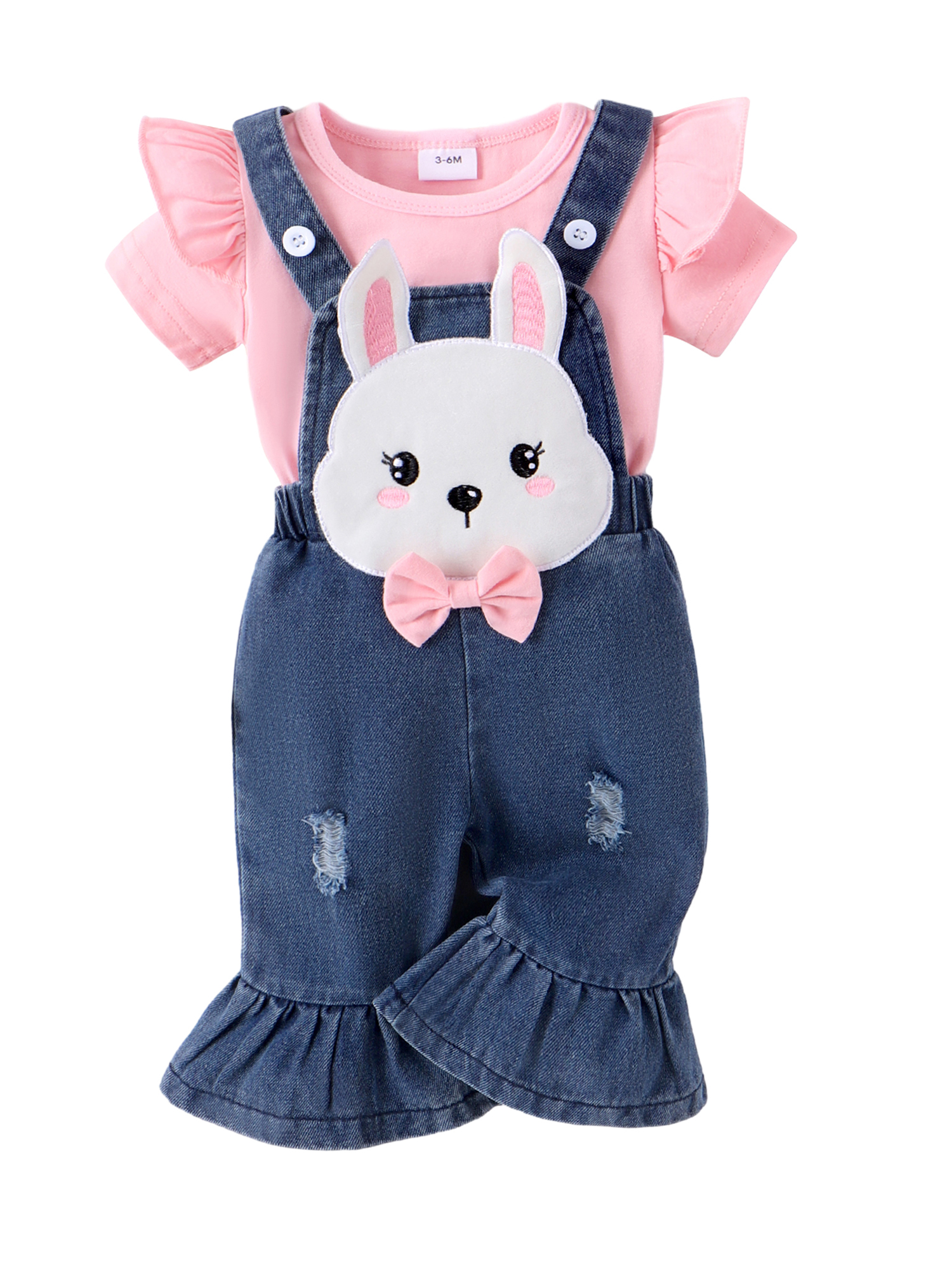 Infant Baby Girl Easter Outfits Short Sleeve Ruffle Tops Cartoon Bunny Denim Pants Overalls Set ...