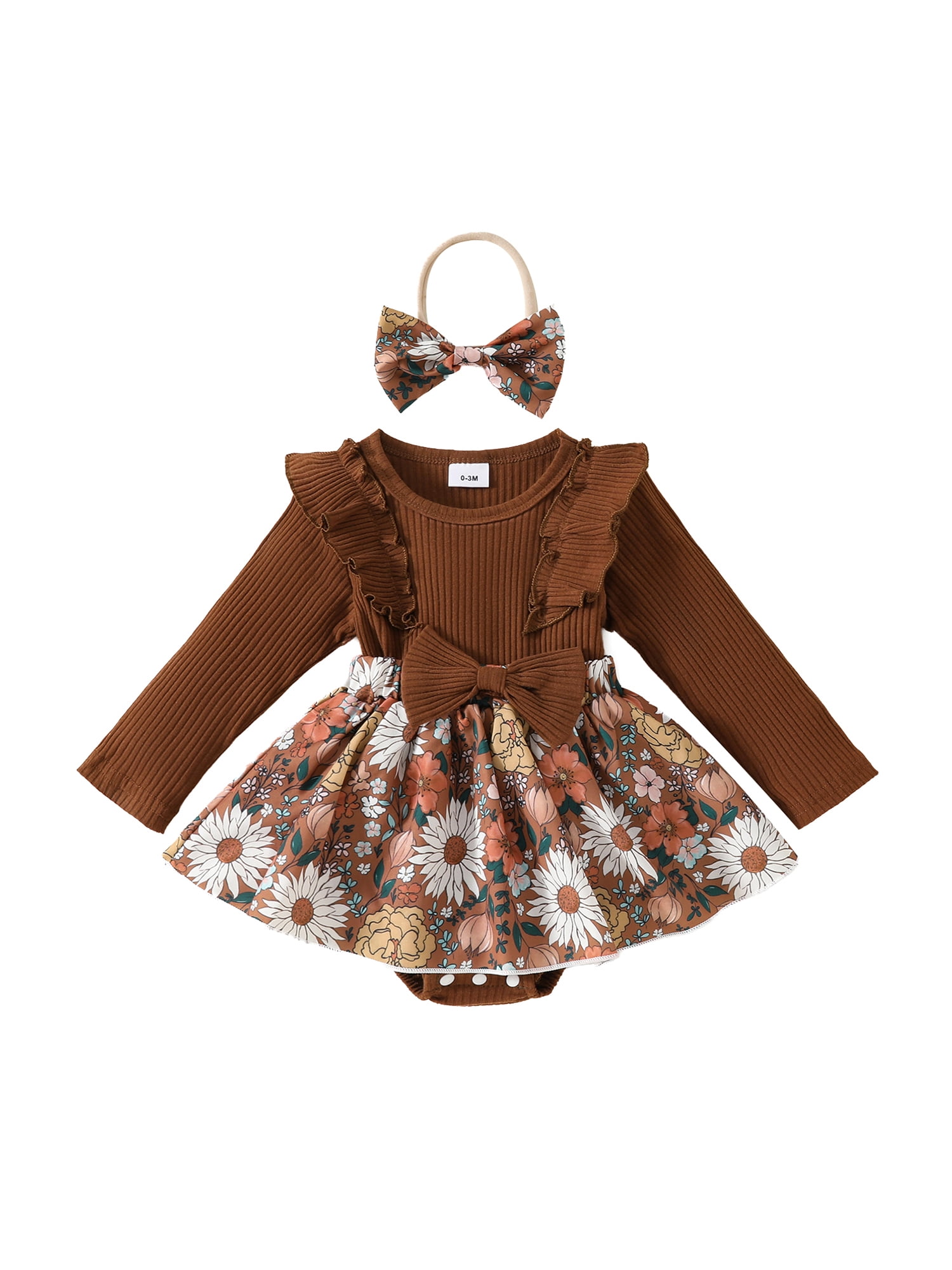 Infant Baby Girl Fall Outfit Flower Ruffle Trim Romper Dress Long ...