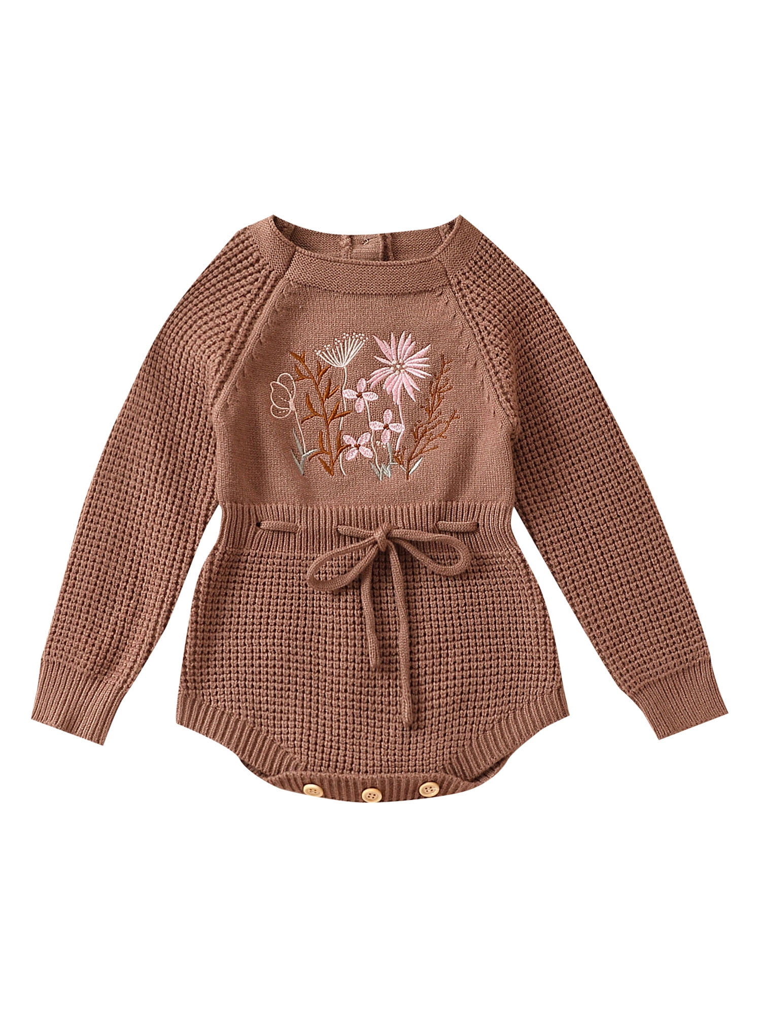 Infant Baby Girl Knit Onesie Jumpsuit Flower Embroidery Long Sleeve Drawstring Waist Romper ...